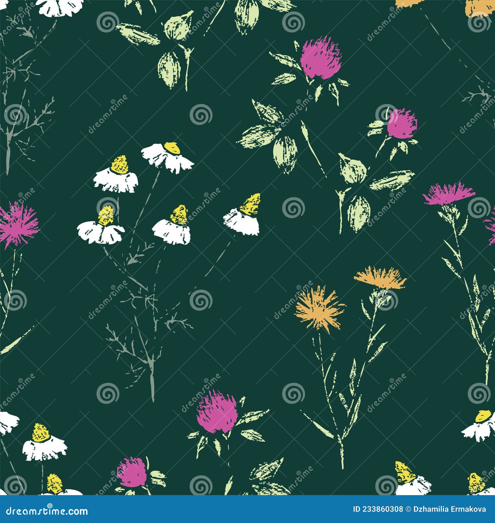 Seamless Background of Various Drawn Textured Wildflowers Stock Vector ...