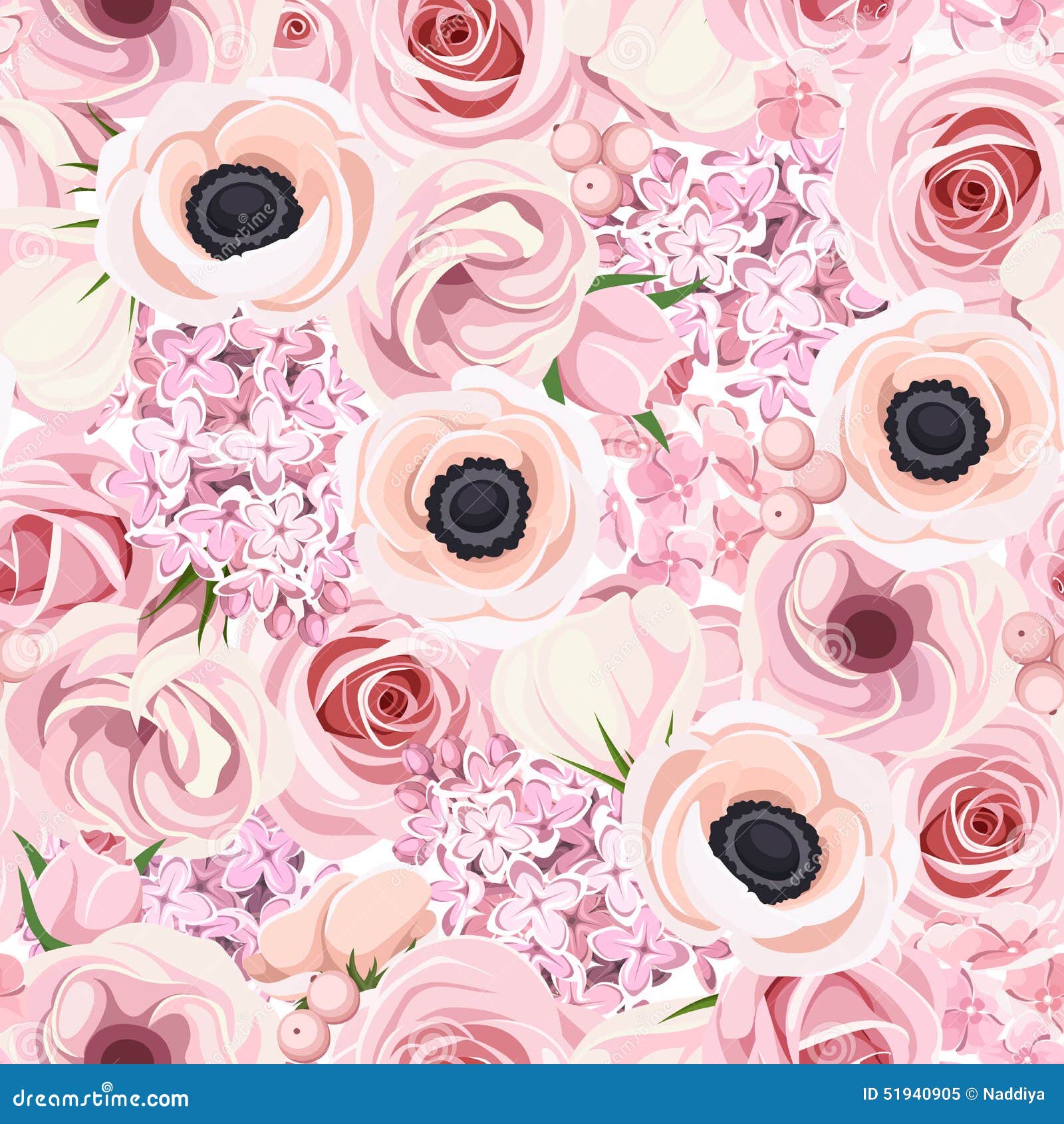 Seamless Background with Various Pink Flowers. Vector Illustration ...