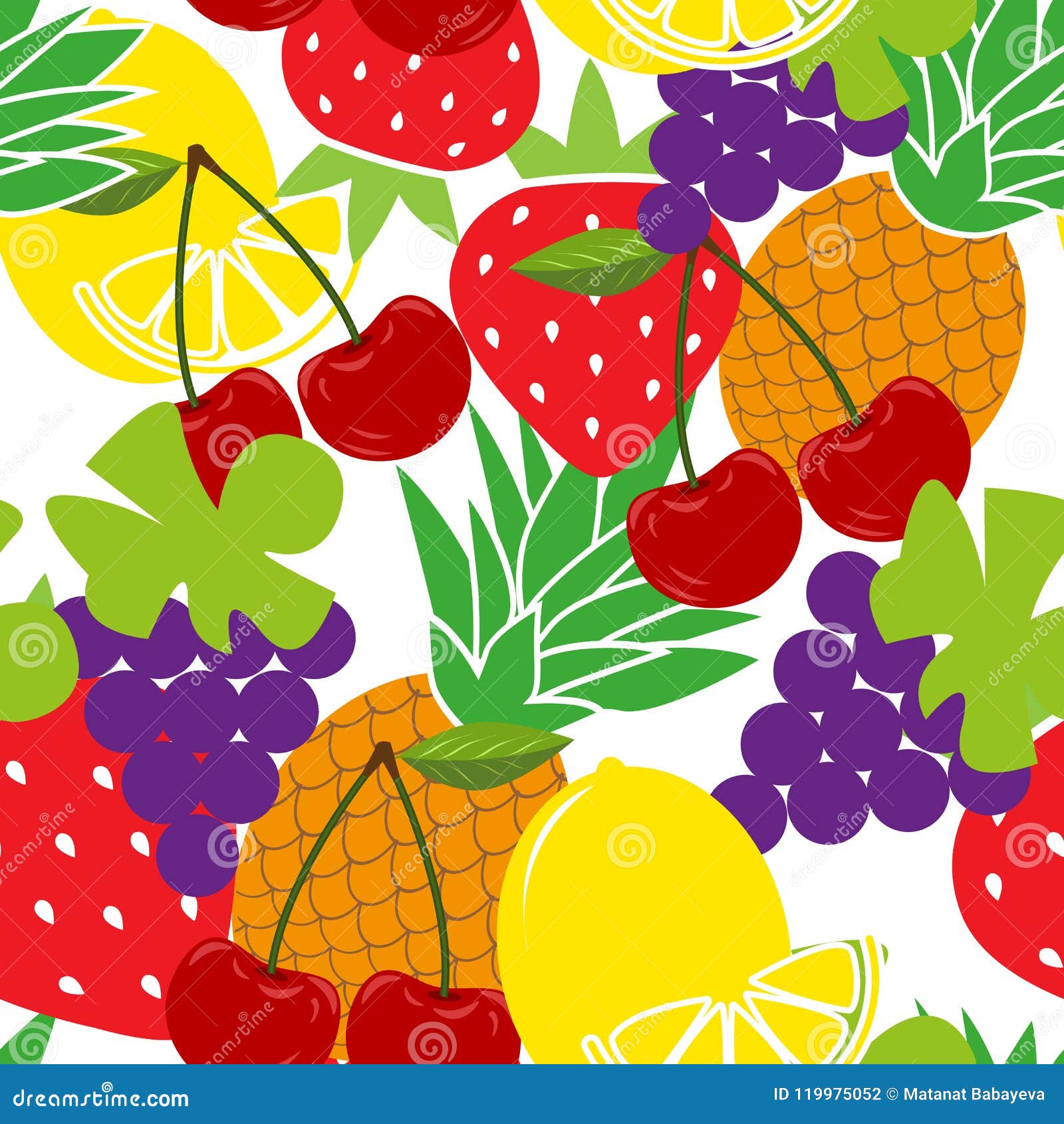 Seamless Background with Various Tropical Fruits on White. Vector Fruit ...