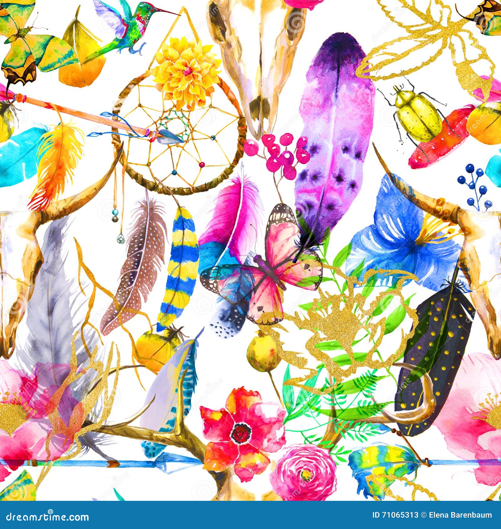 Seamless Background with Watercolor Boho Elements Stock Illustration ...