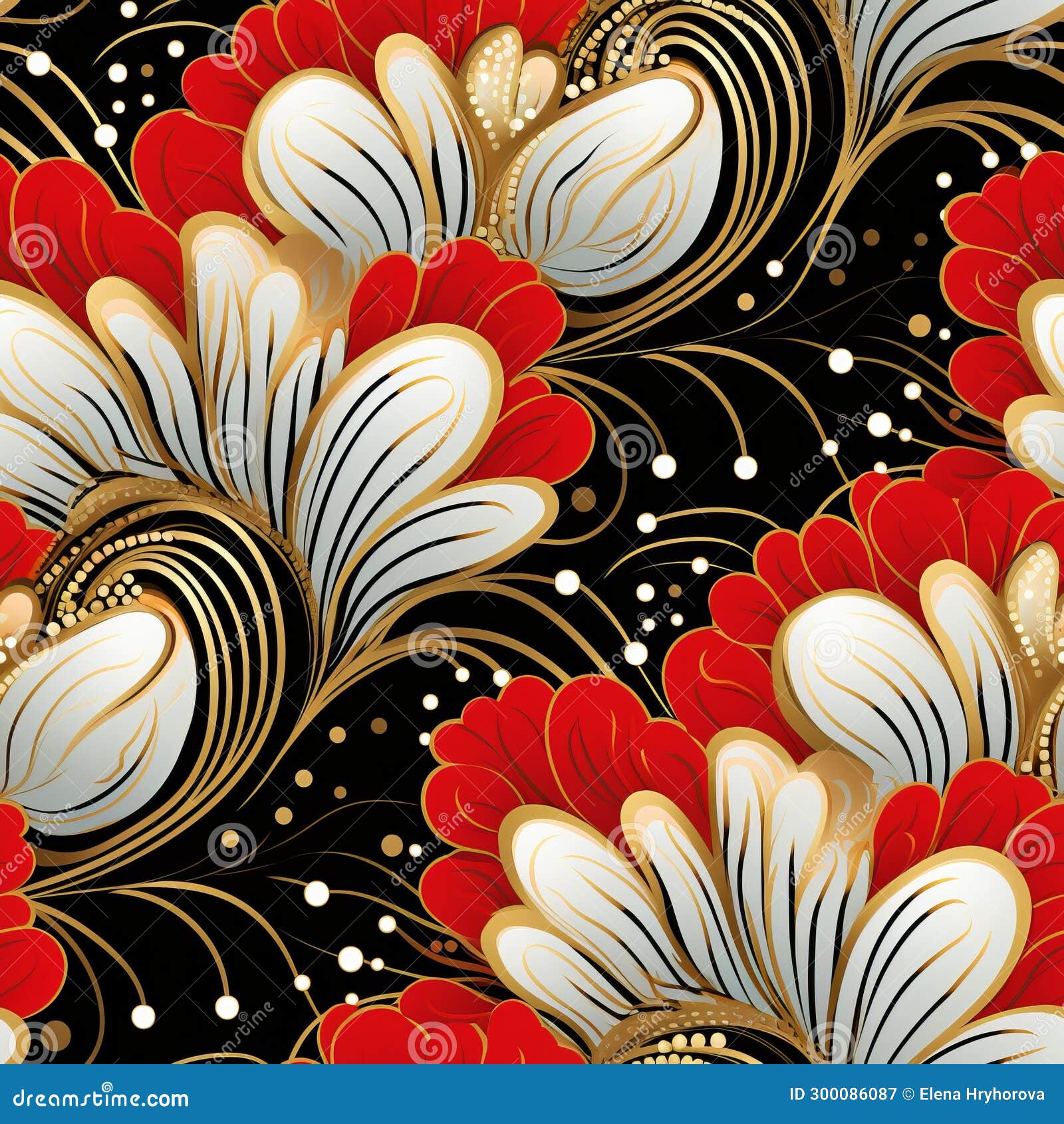 Seamless Background with White, Red and Black Floral Patterns Stock ...