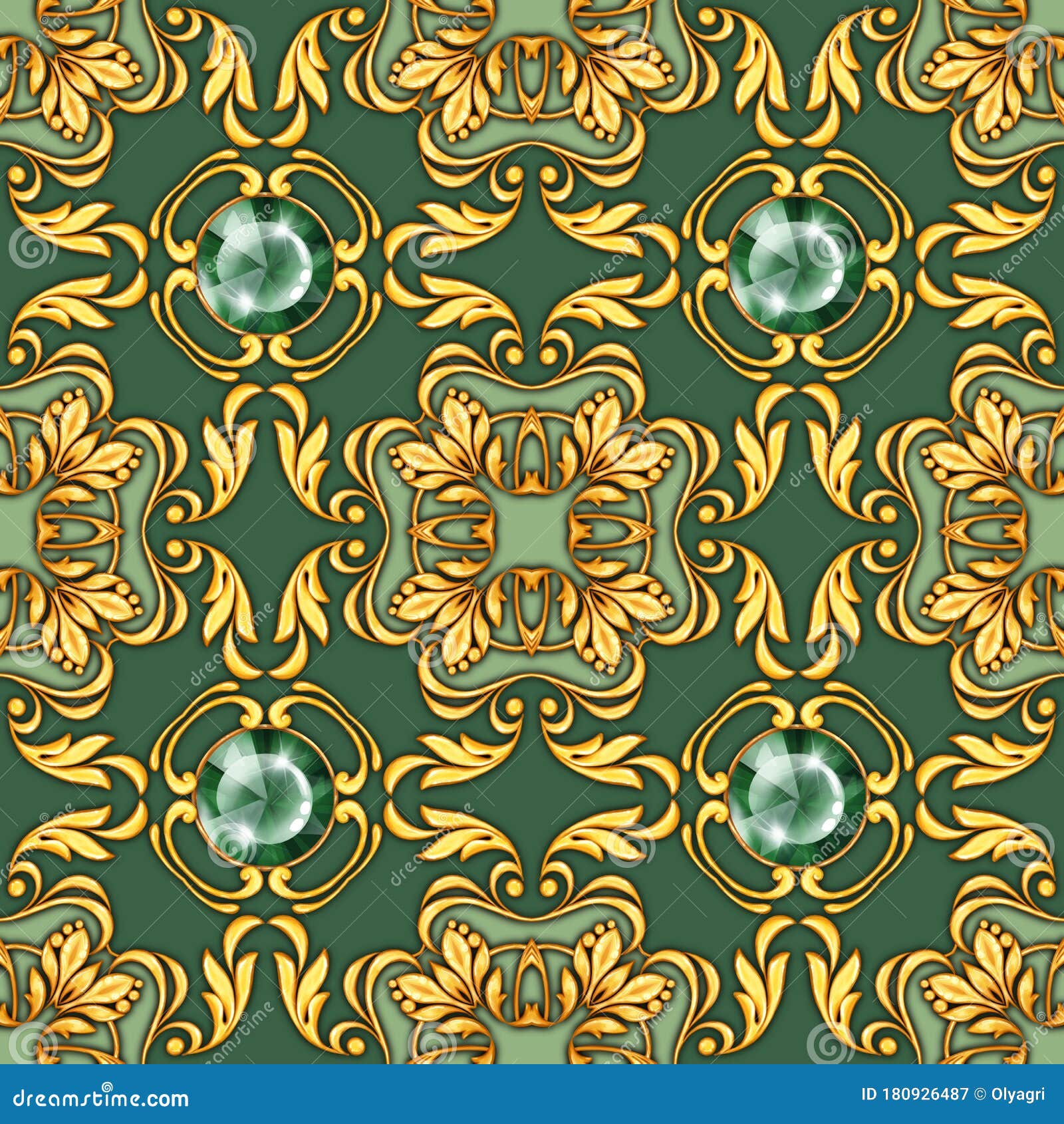 Seamless Baroque Pattern with Golden Scrolls and Gems Stock ...