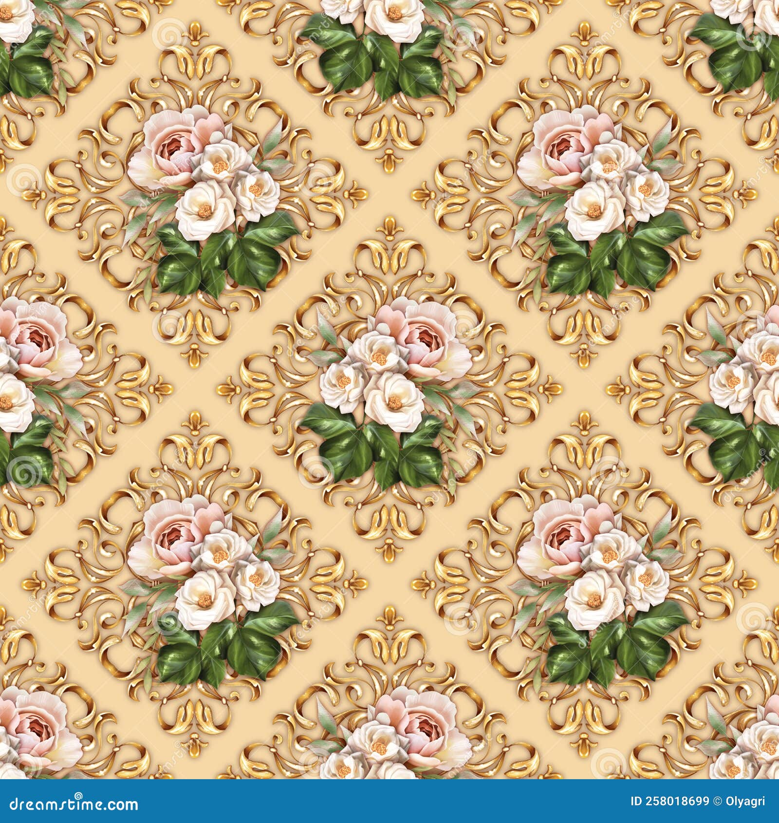 Seamless Baroque Pattern with Rose Flowers and Golden Scrolls. Stock ...