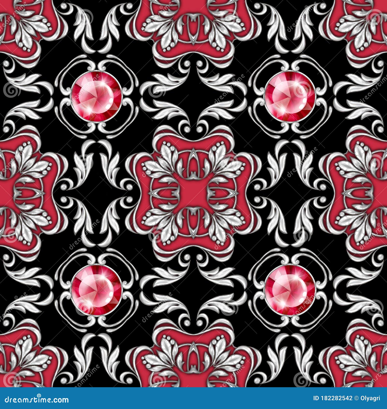 Seamless Baroque Pattern with Silver Scrolls and Gems Stock ...