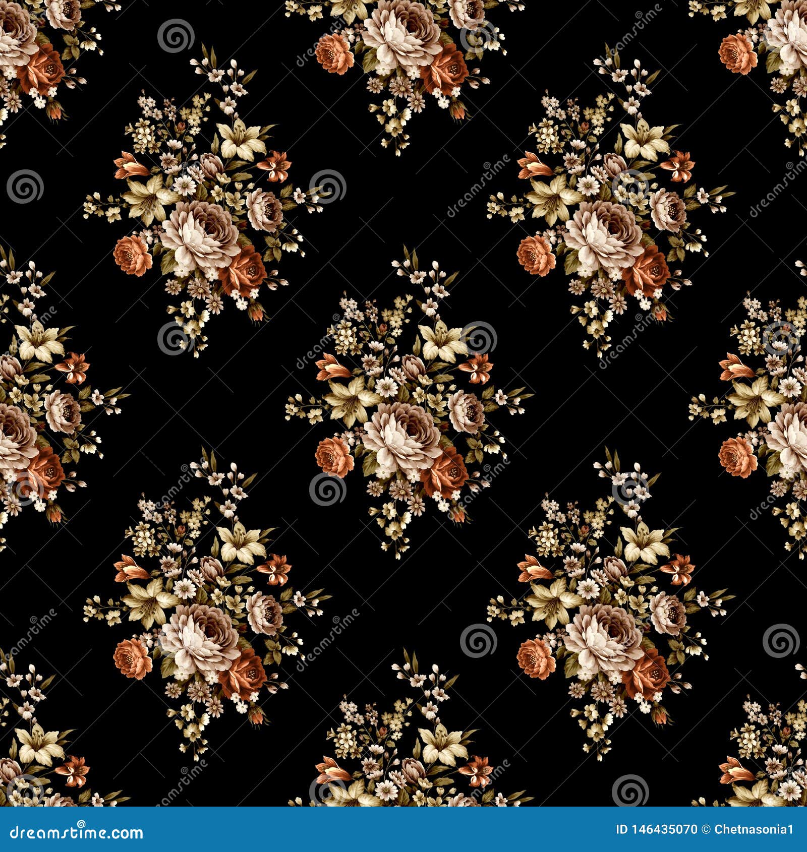 Seamless Beautiful Flower Pattern with Black Background Stock ...