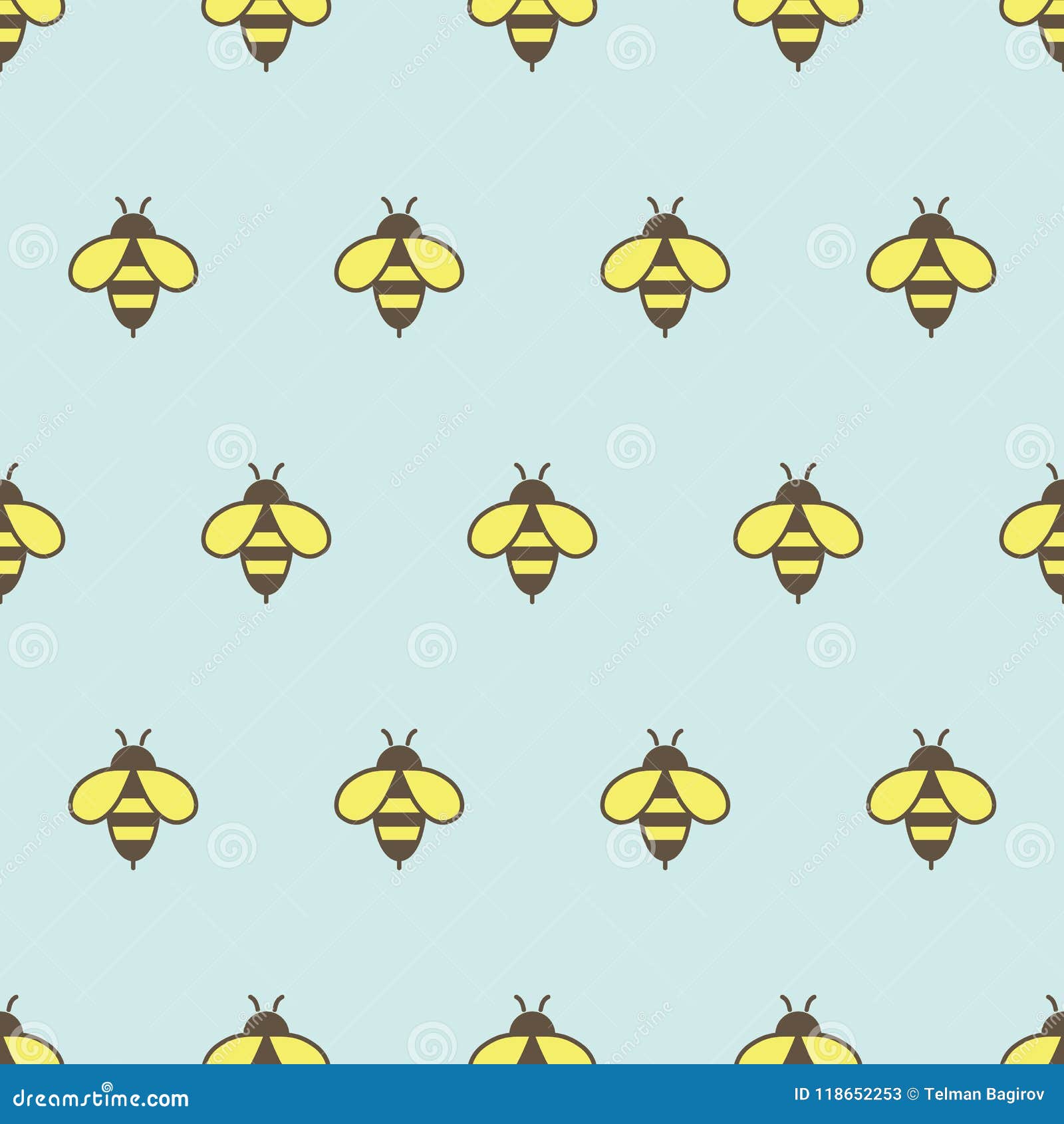 Seamless Bee Flat Pattern on Blue Background Stock Illustration ...