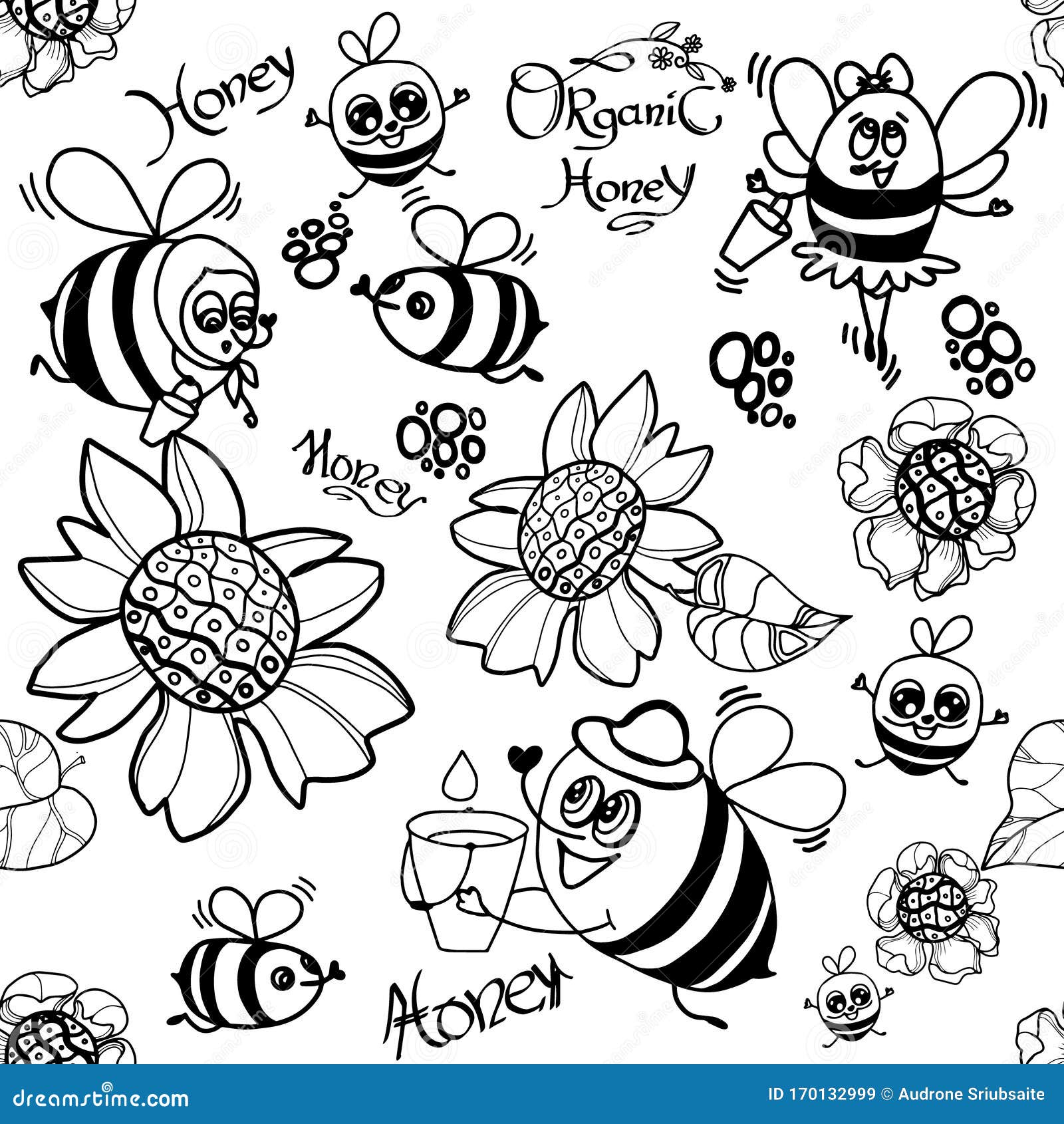 Seamless Bee Pattern with Black Lines on White Background Stock ...