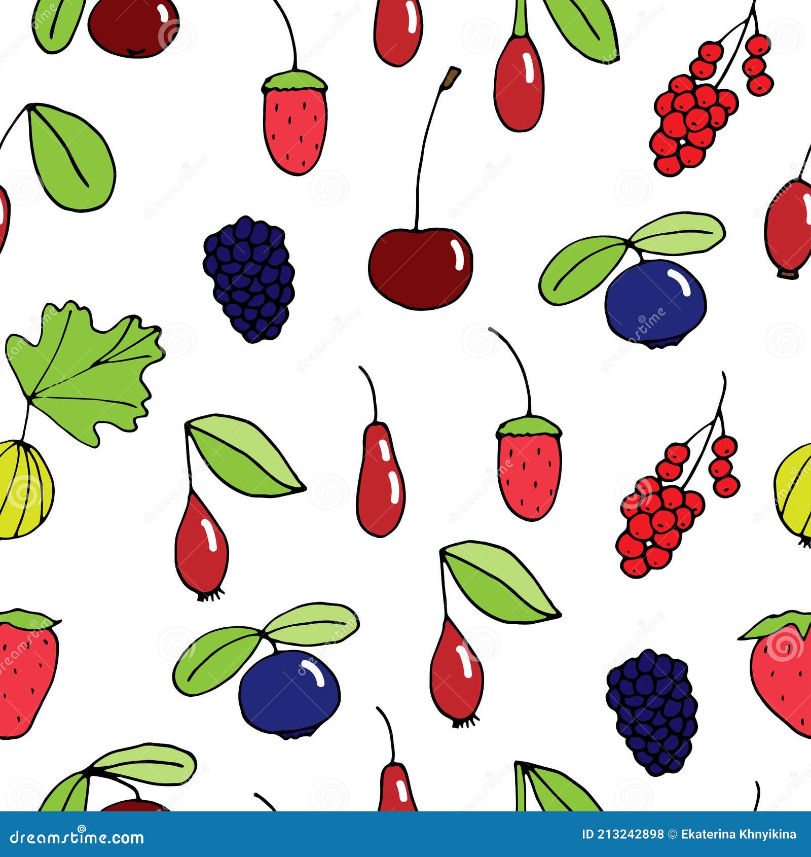 Seamless Berry Pattern, Vector Doodle Illustration, Hand Drawing ...