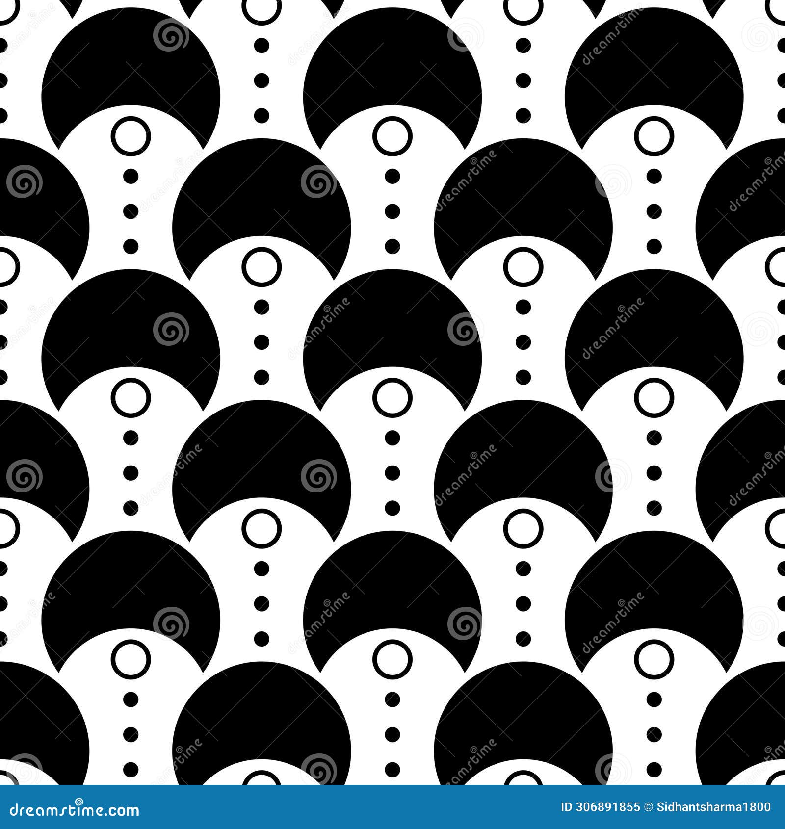Seamless Black Bold Curvy Half Moon Shape with Circles Repeated Pattern ...