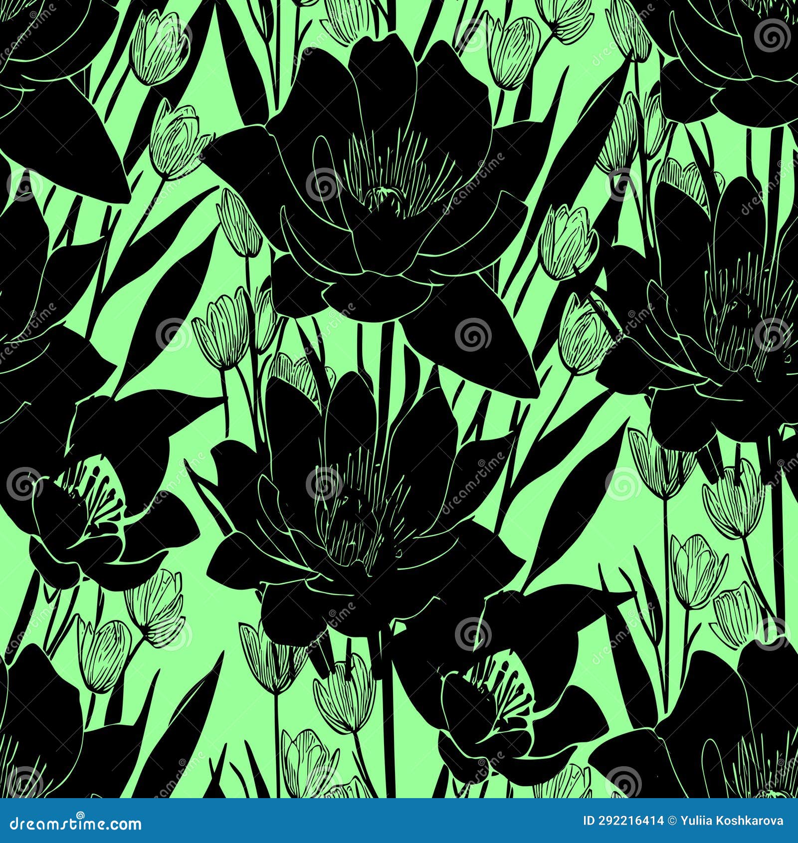 Seamless Black and Green Floral Pattern, Monochrome Ornament, Design ...