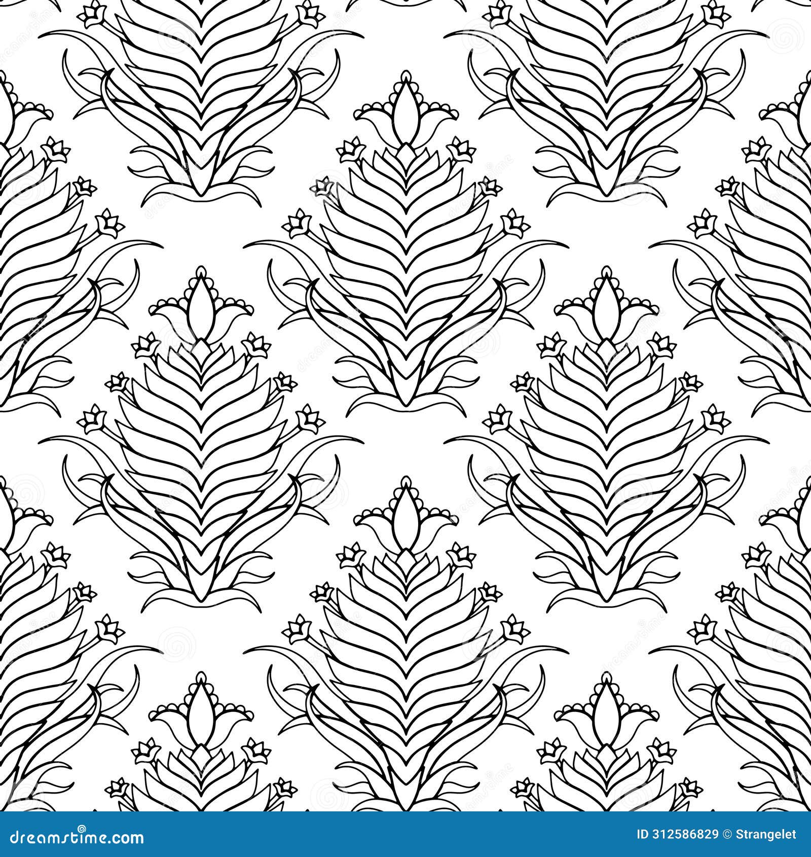 Seamless Black Outlined Modern Damask Pattern on a White Background ...