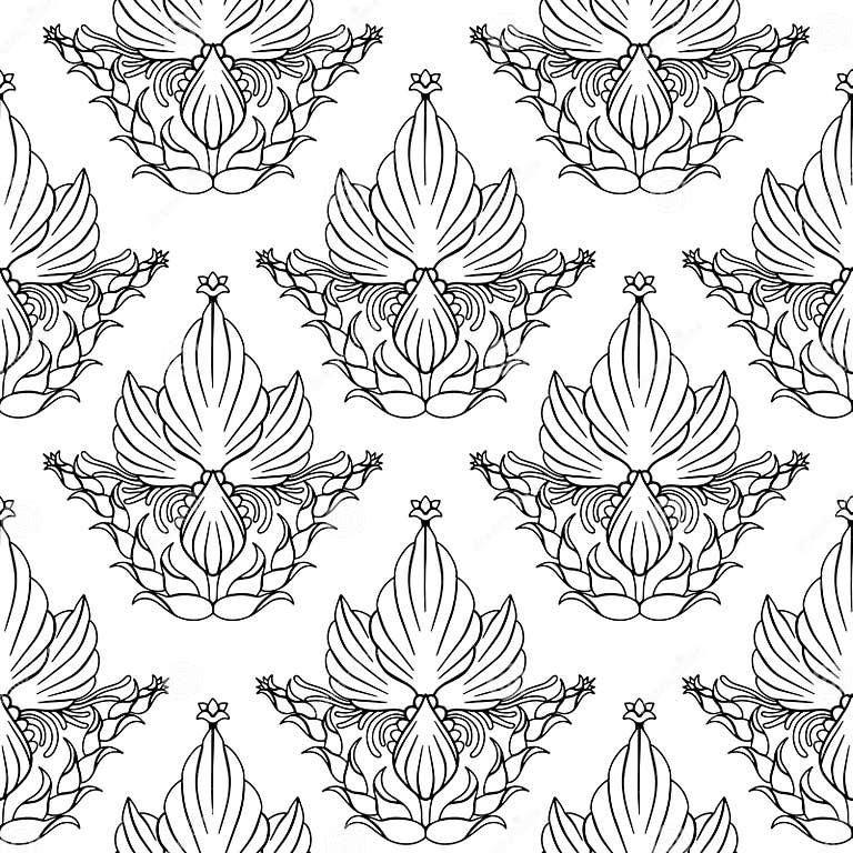 Seamless Black Outlined Modern Damask Pattern on a White Background ...