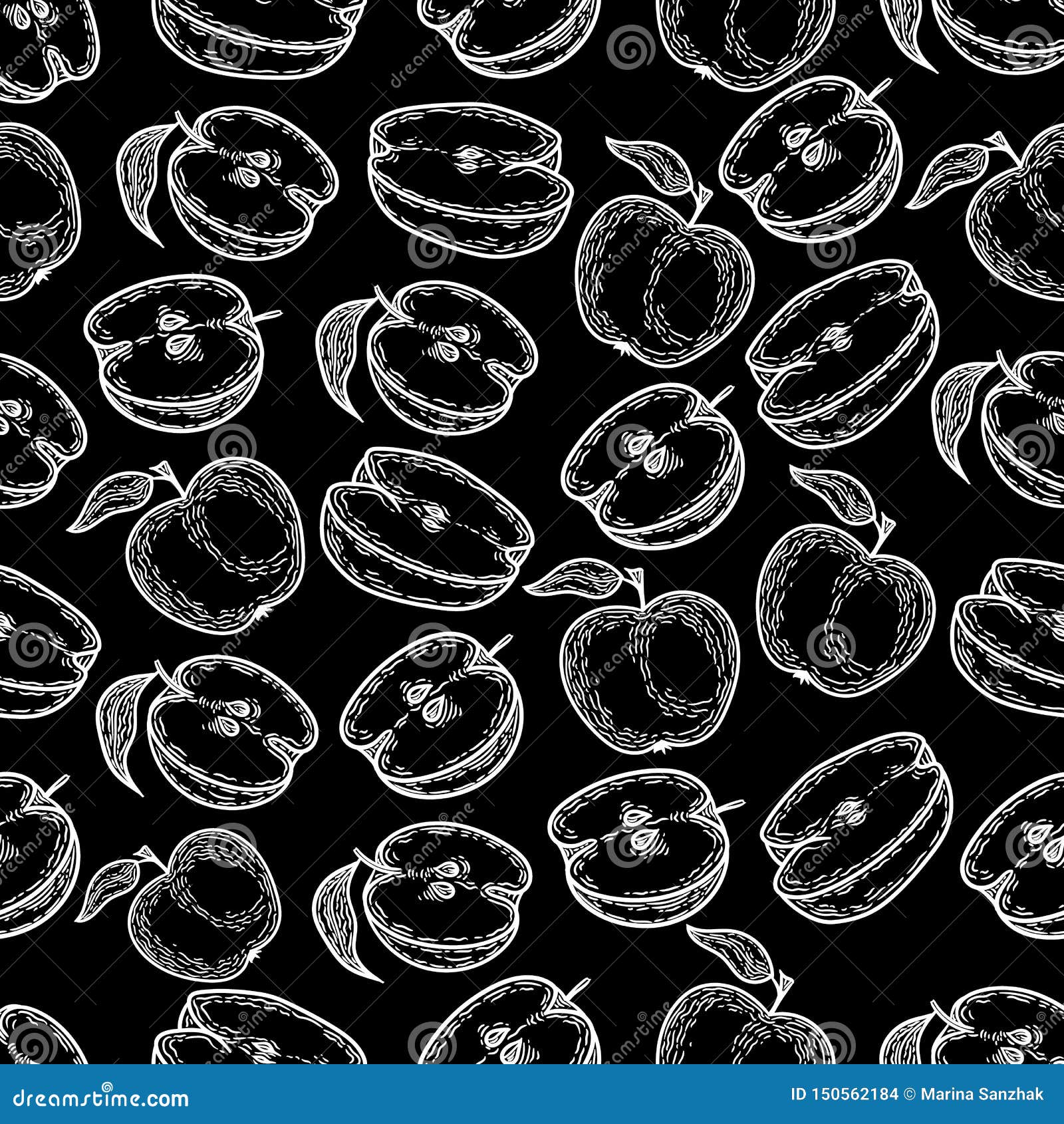 Seamless Black and White Pattern of of Apples in the Engraving Style ...