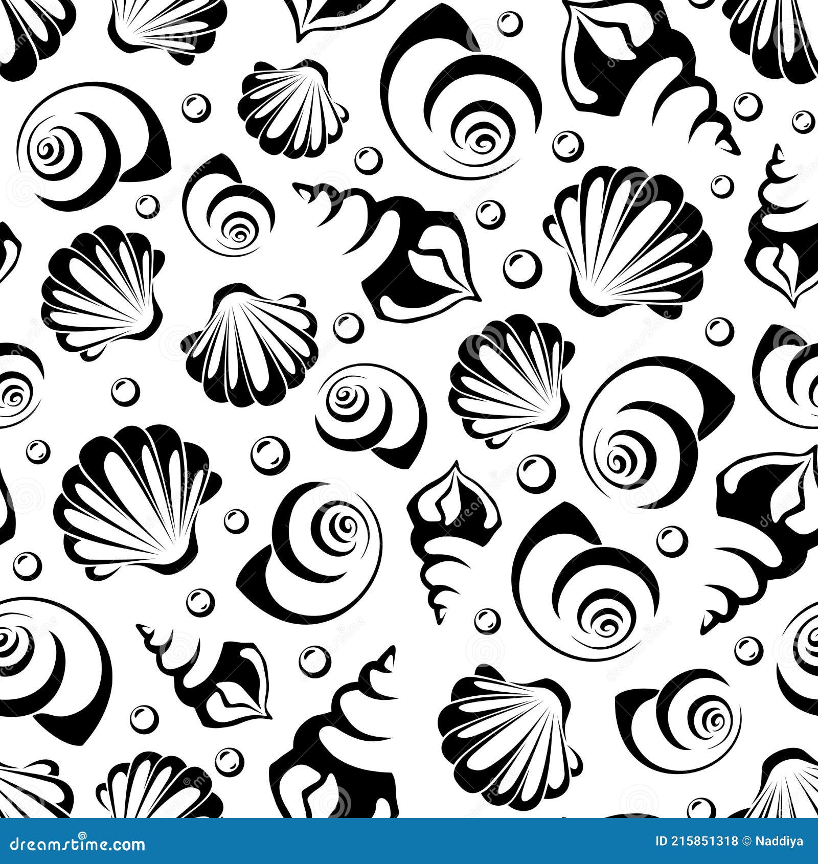 Seamless Black and White Pattern with Sea Shells. Vector Illustration ...