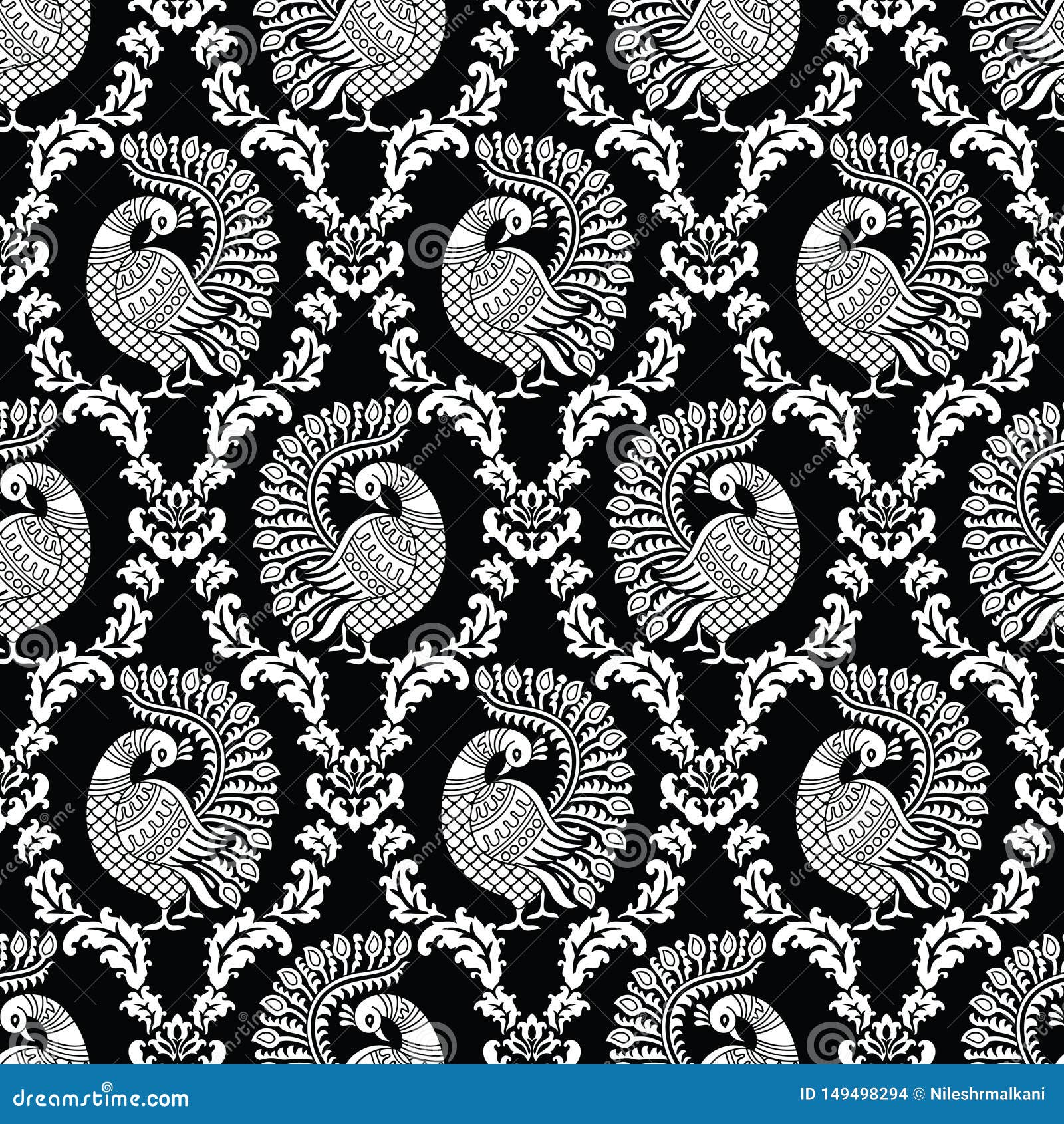 Seamless Black and White Traditional Indian Peacock Pattern Stock ...