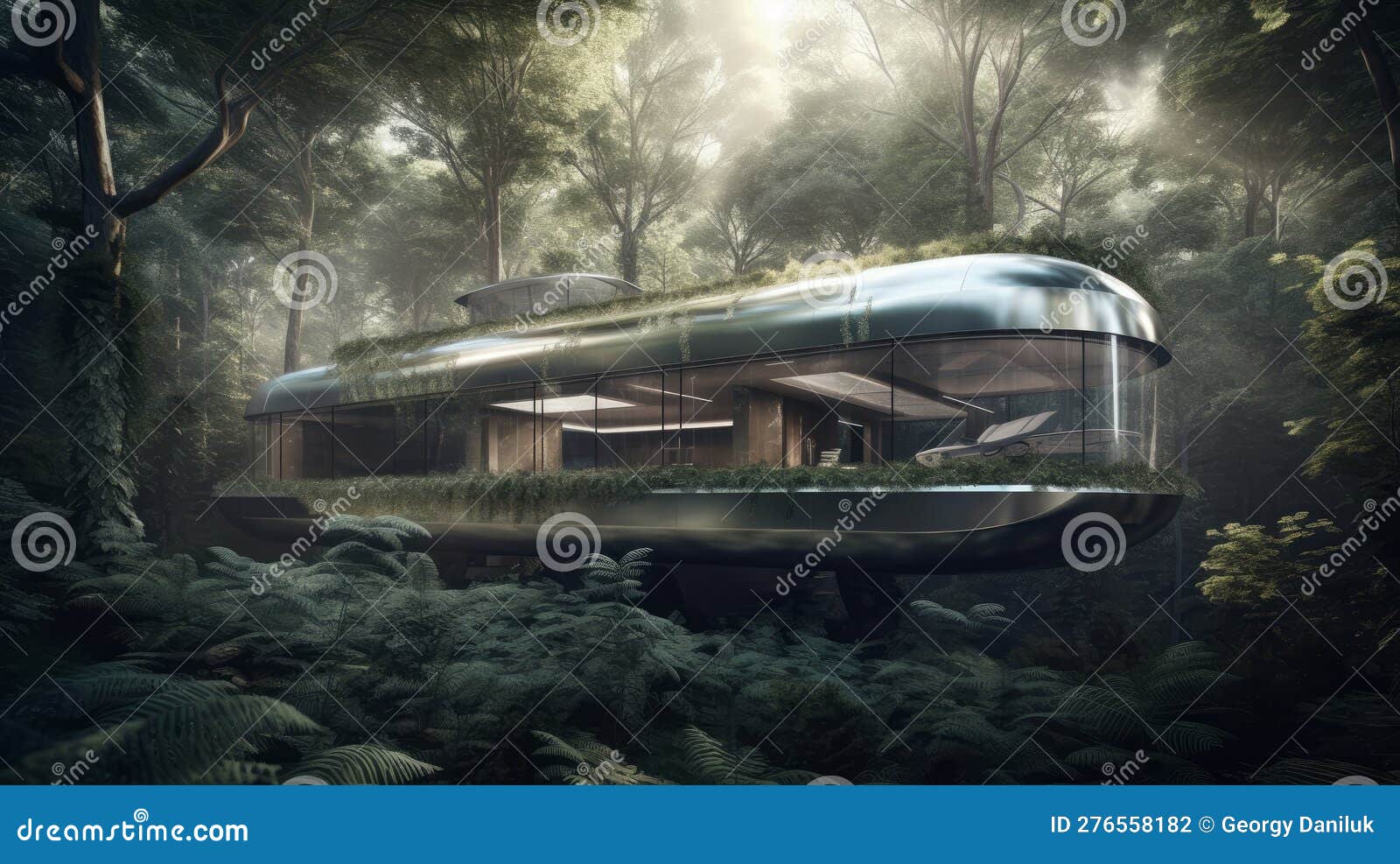 Seamless Blend: Smart Home in Forest, Glass Walls, High-Tech Hovercraft ...