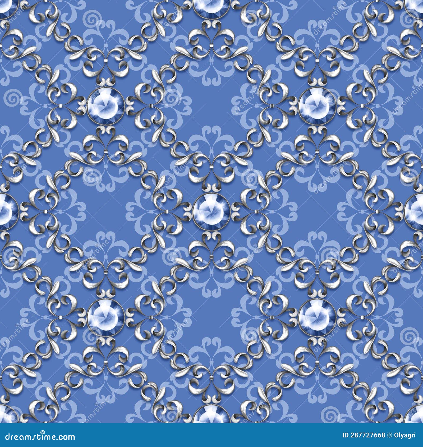 Seamless Blue Baroque Pattern with Gems and Silver Scrolls Stock ...