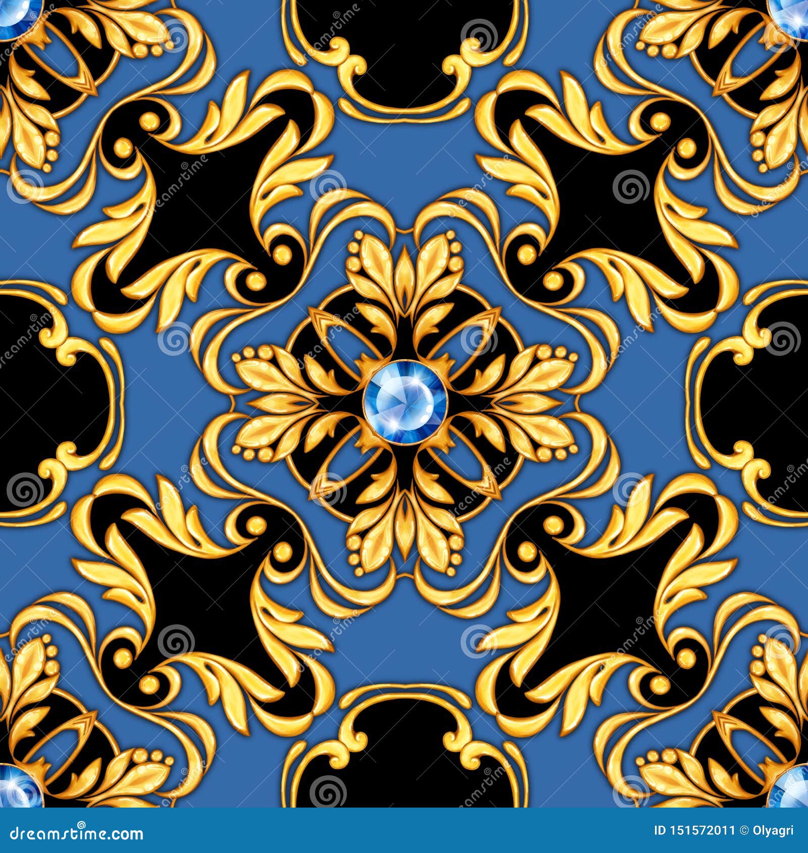 Seamless Blue Baroque Pattern with Golden Scrolls Stock Illustration ...