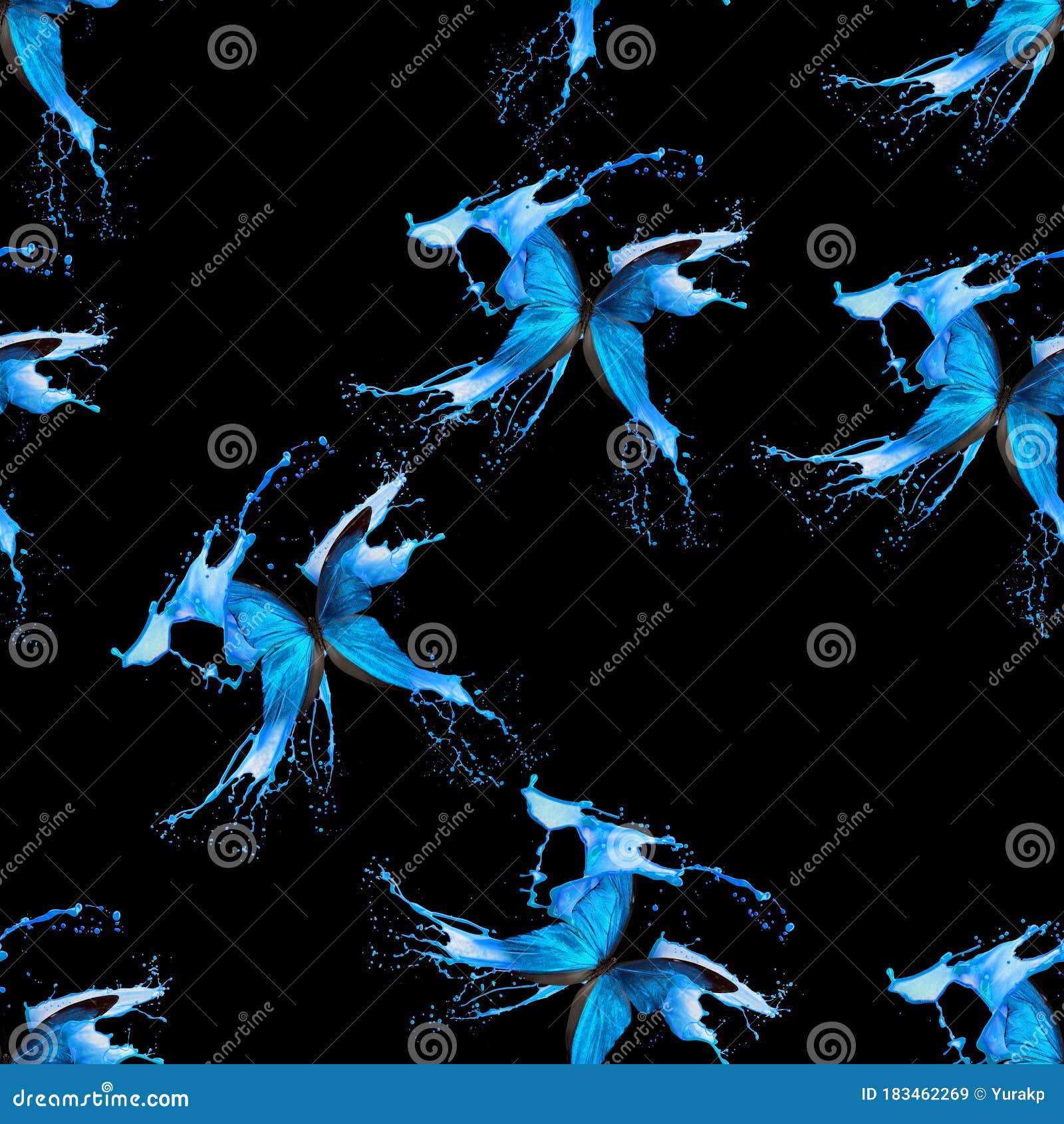 Seamless Blue Butterfly Pattern on a Black Background Stock ...