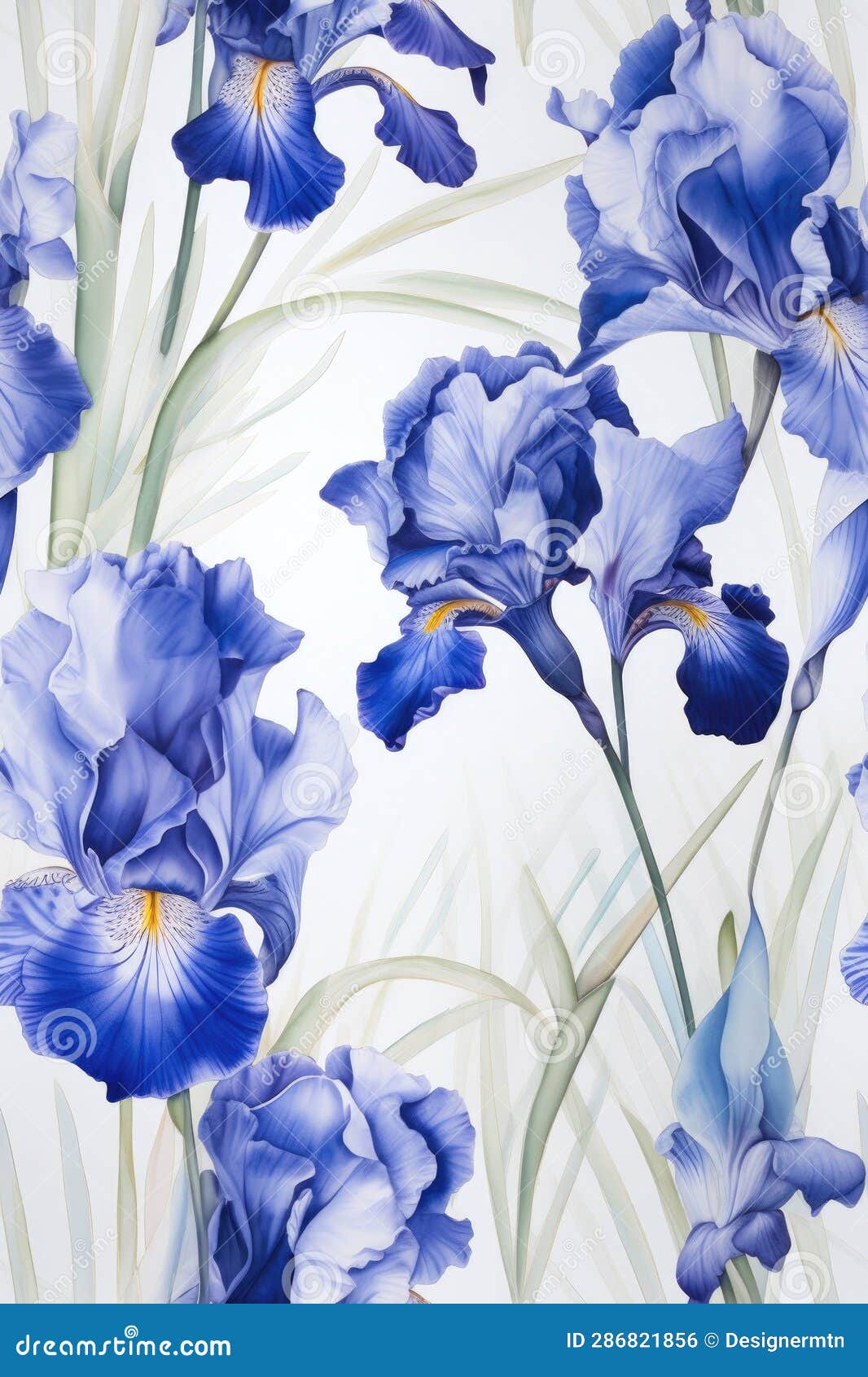 Seamless Blue Color Iris Flowers Watercolor All Over Pattern Stock ...