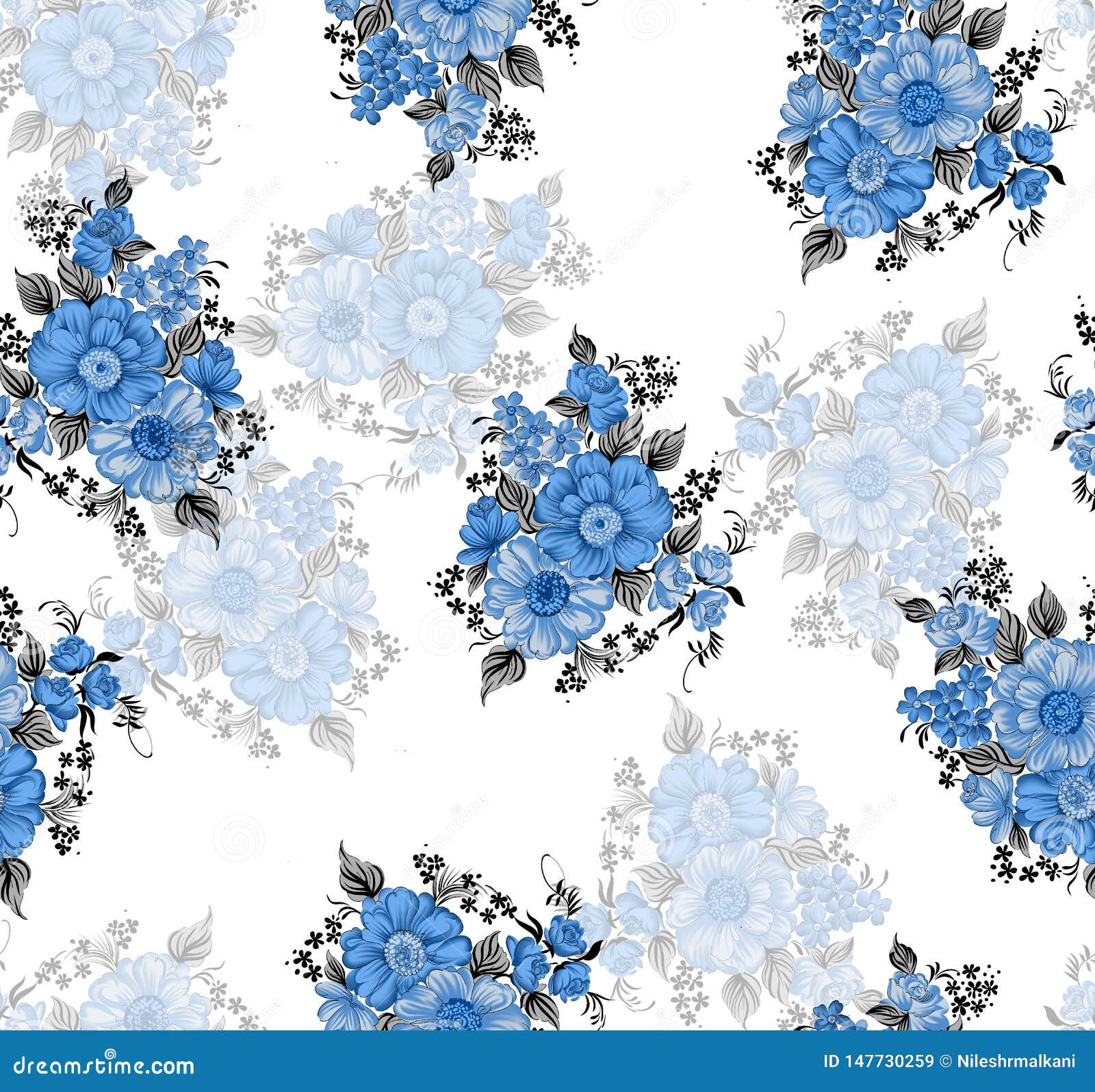 Seamless Blue Floral Pattern on White Background Stock Illustration ...
