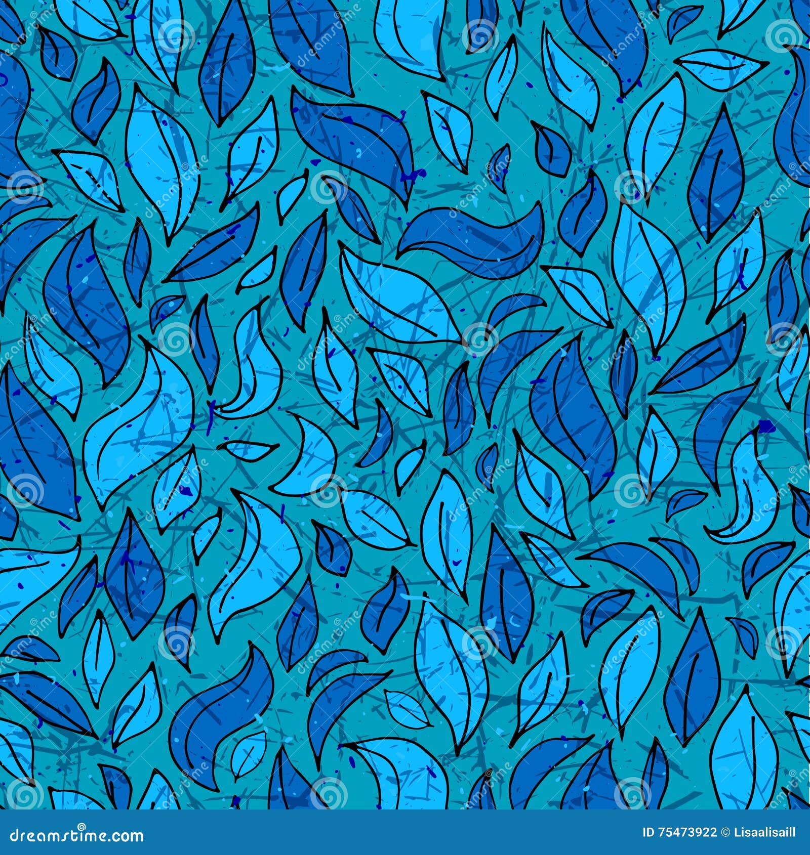 Seamless Blue Leaf Pattern Hand Draw Style. Vector Illustration Stock ...