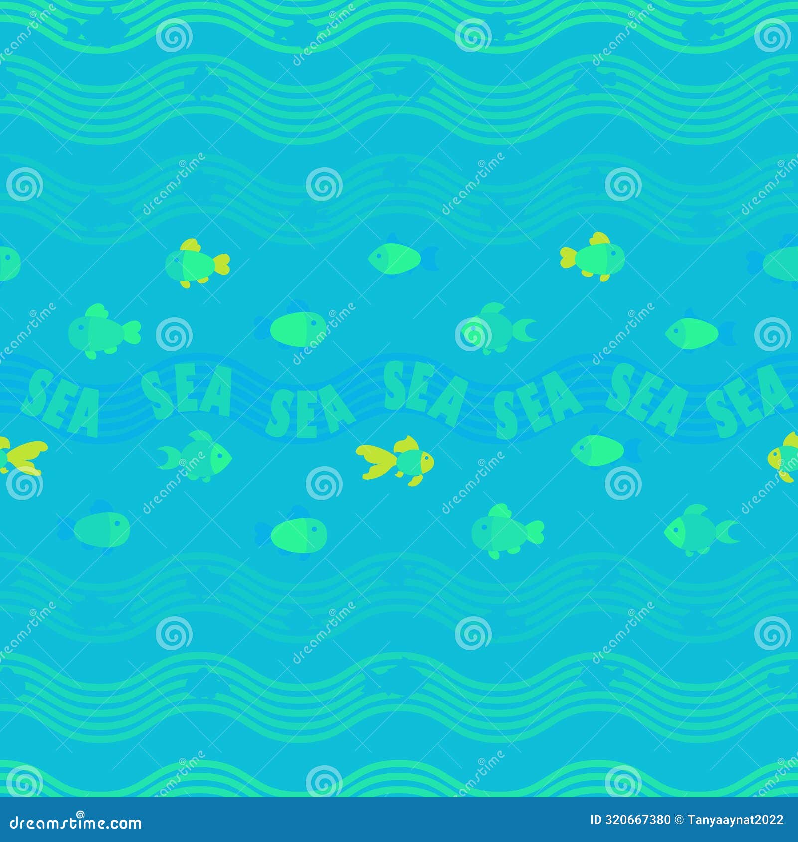 Seamless Blue Marine Pattern with Fish, Turquoise Waves and Lettering ...