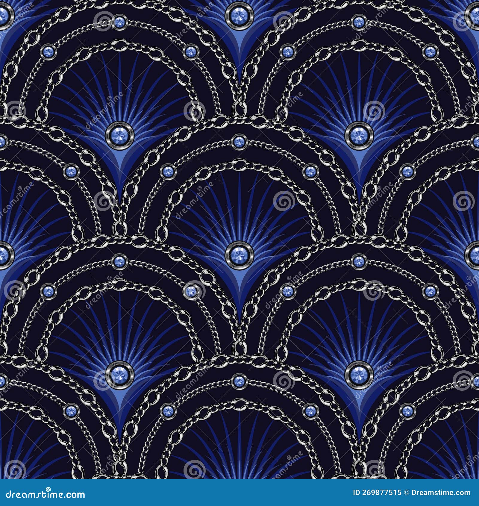 Seamless Blue Pattern with Fan Shaped Grid, Silver Chains, Sapphire ...