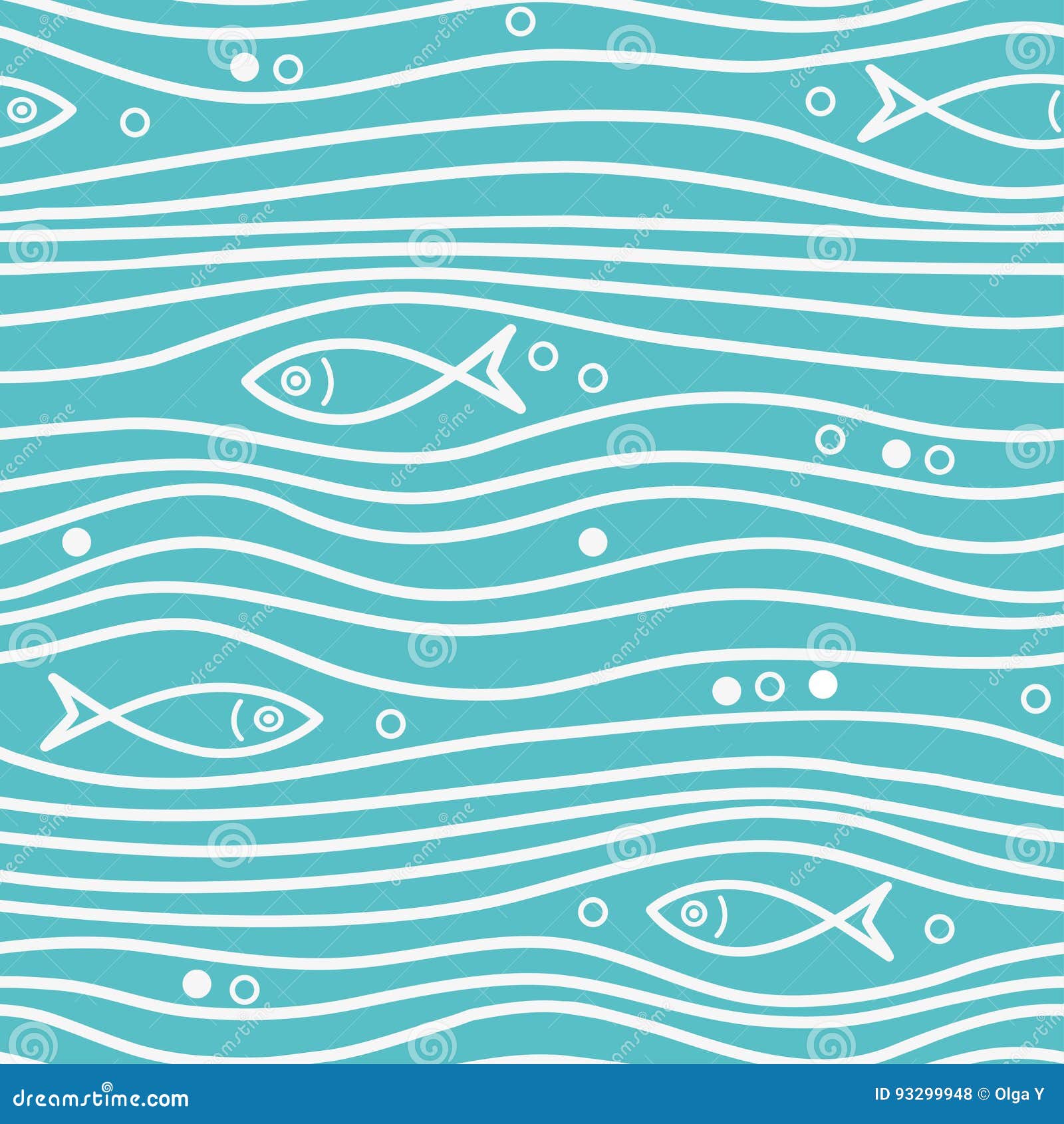 Seamless Blue Simple Pattern with Simple Fishes and Waves. Vector ...