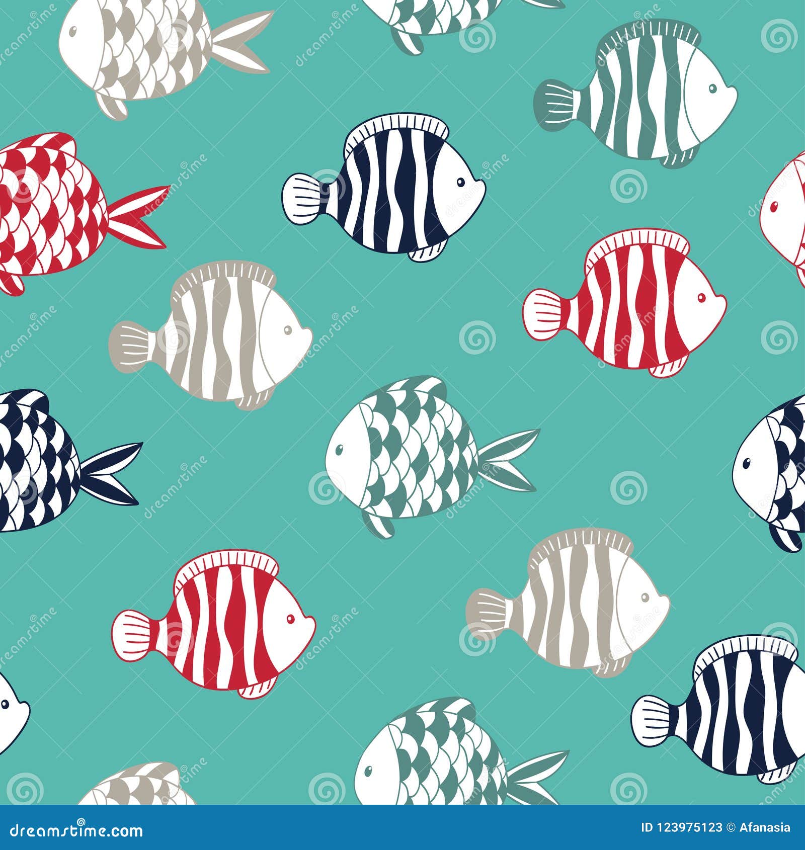 Seamless Blue Vector Hand Drawn Fish Pattern. Stock Vector ...
