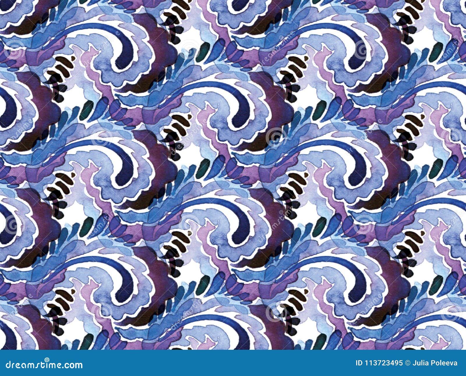 Seamless Blue Watercolor Pattern of Doodle Elements. Stock Illustration ...