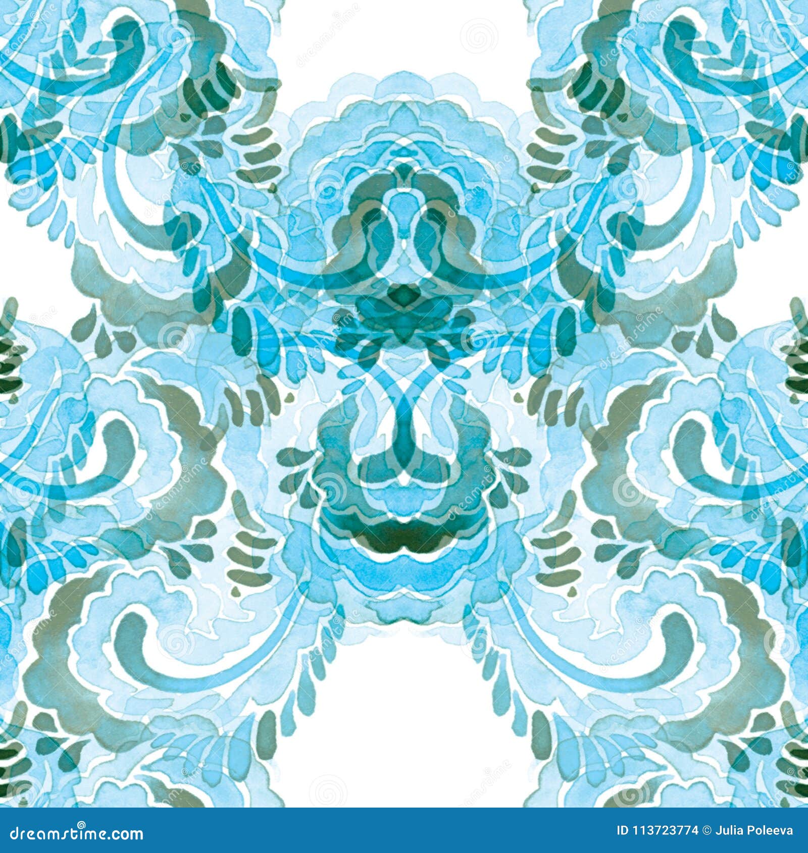 Seamless Blue Watercolor Pattern of Doodle Elements. Stock Illustration ...