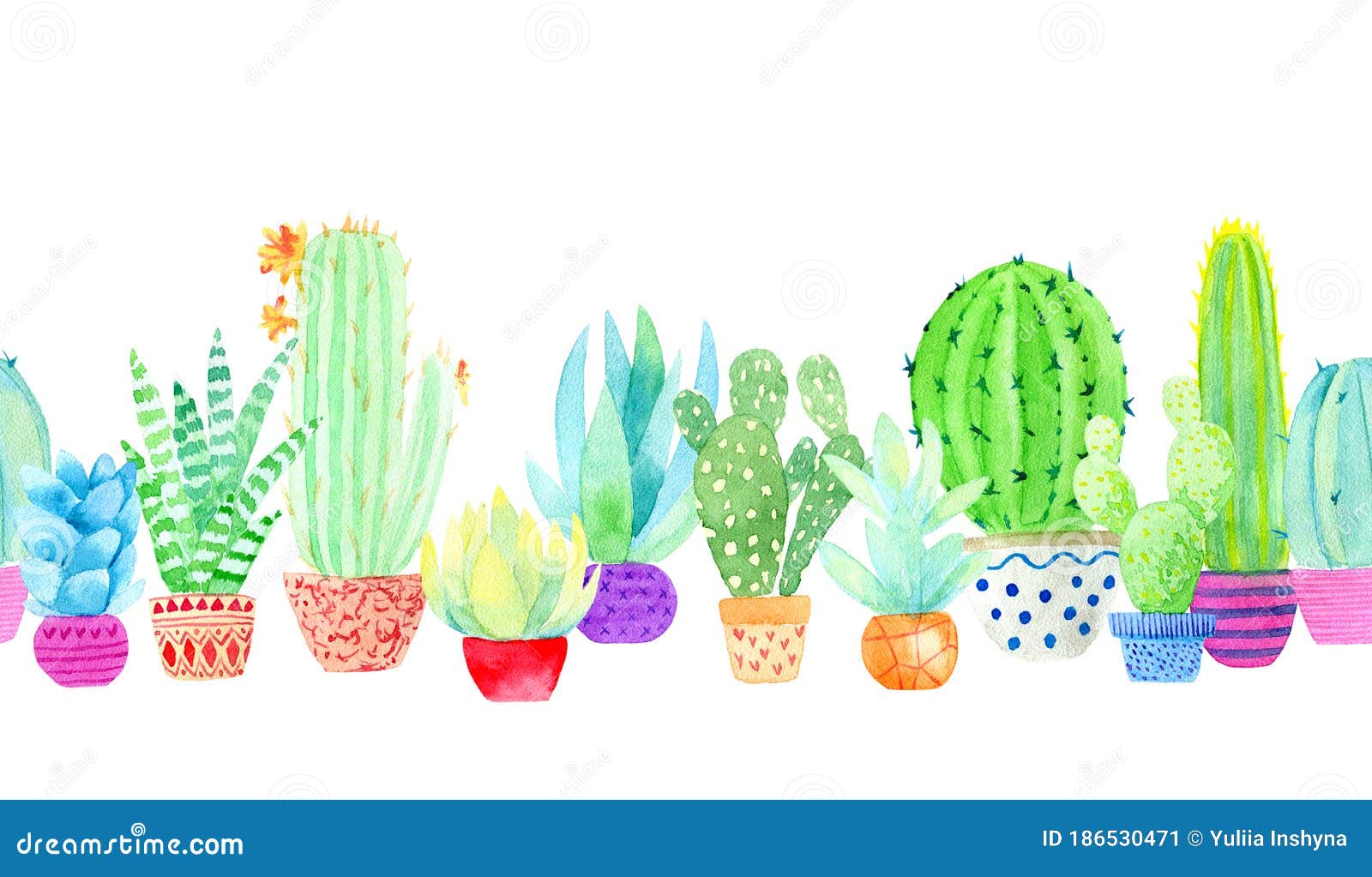 Seamless border with cacti stock illustration. Illustration of blossom ...