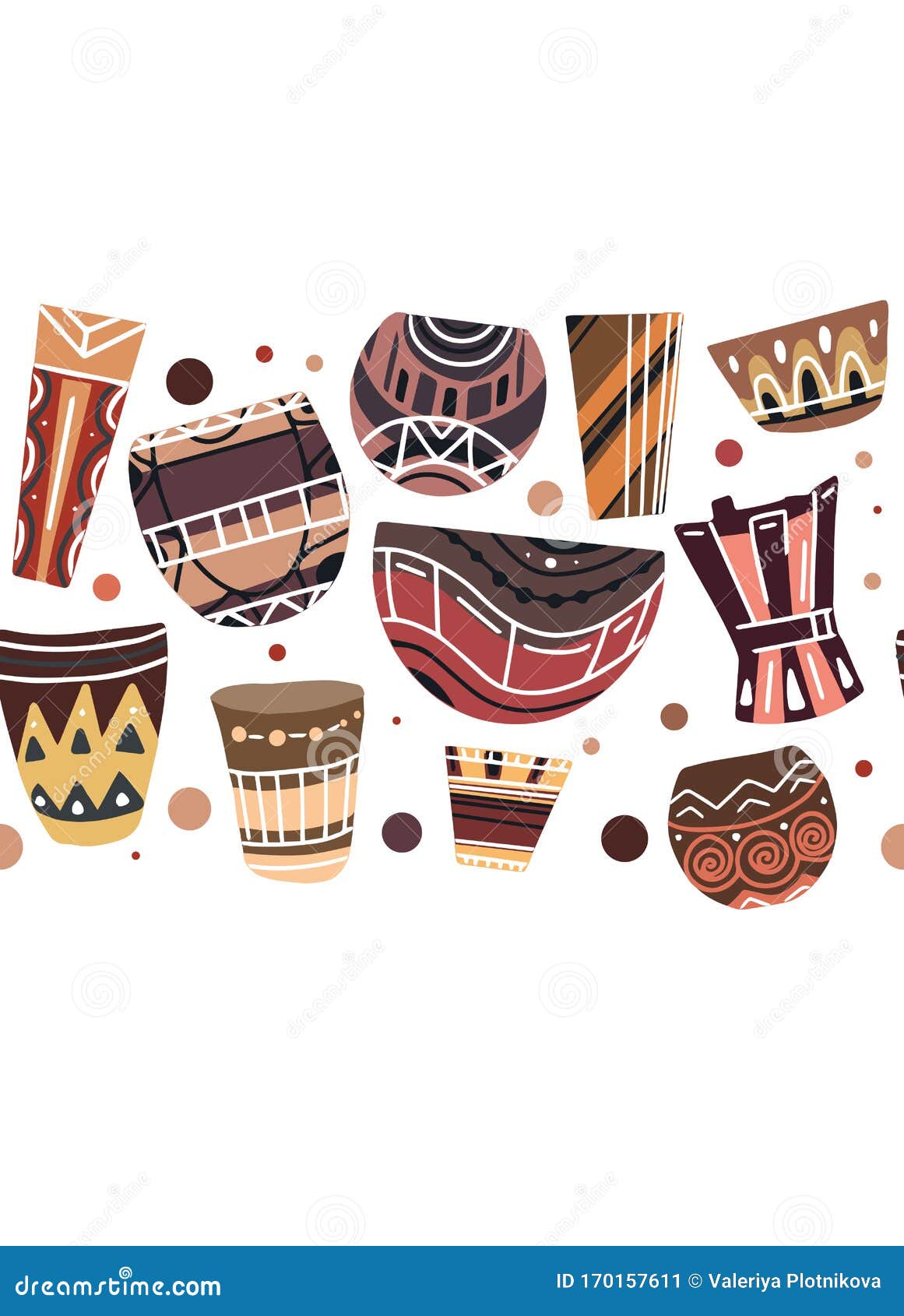 Seamless Border of Decorated Clay Pots and Vases. Flat Pottery Products ...