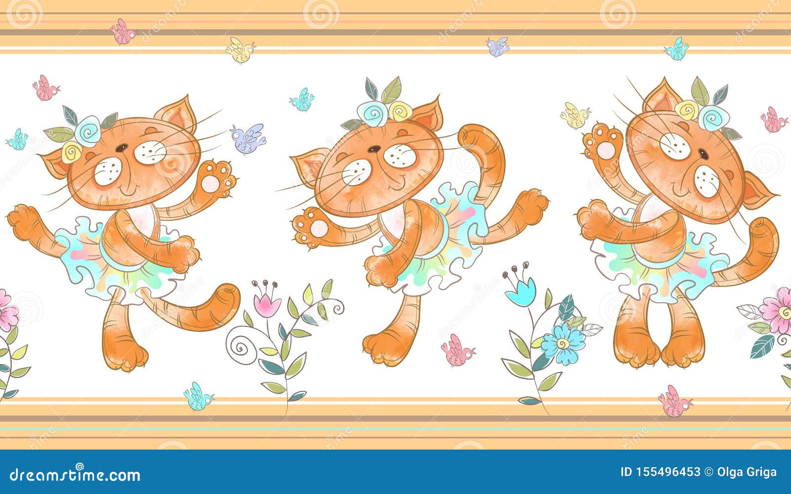 Seamless Border. Funny Cats Dancing. Vector Illustration Stock ...