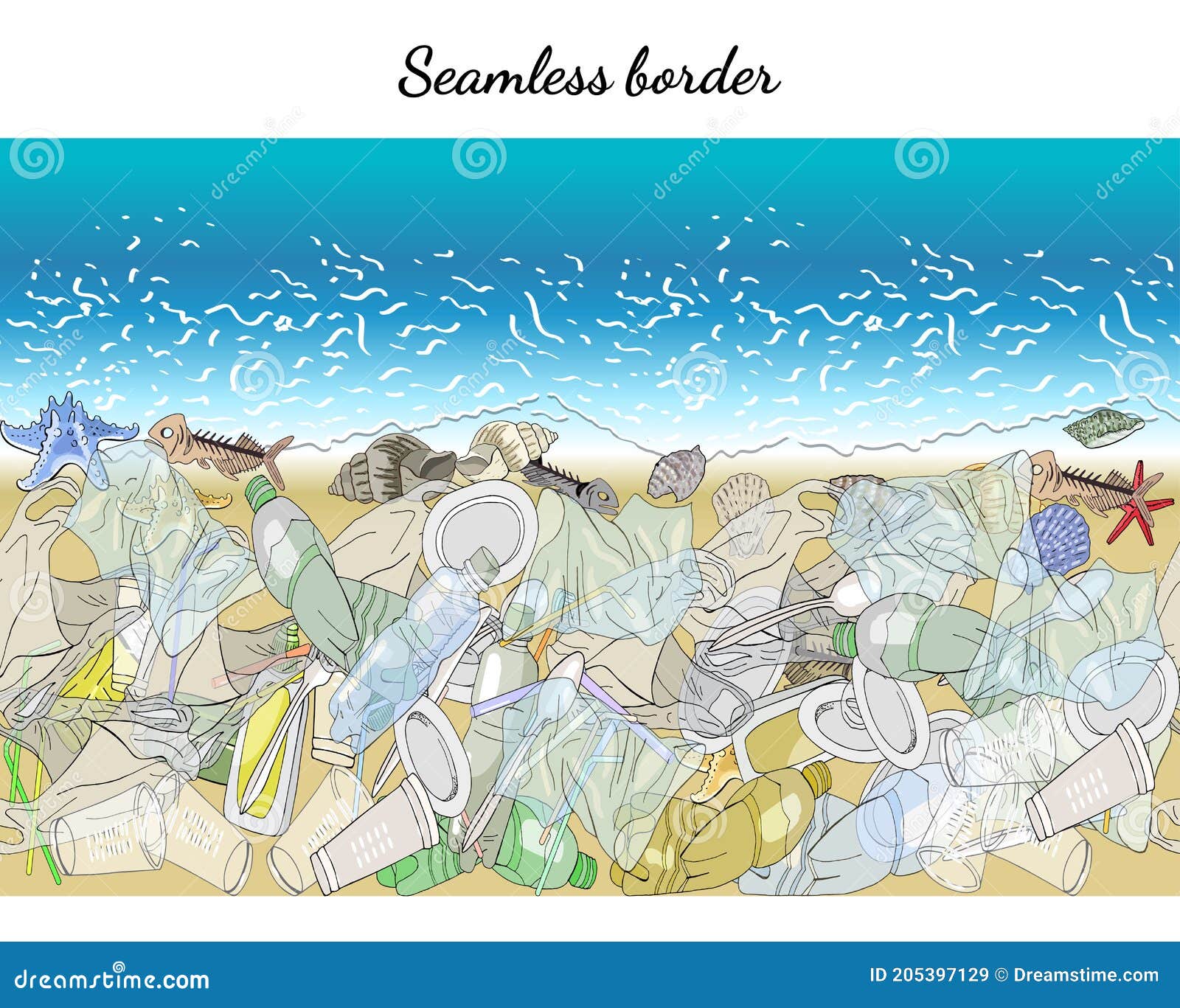 Seamless Border with Garbage on the Ocean Shore Stock Illustration ...