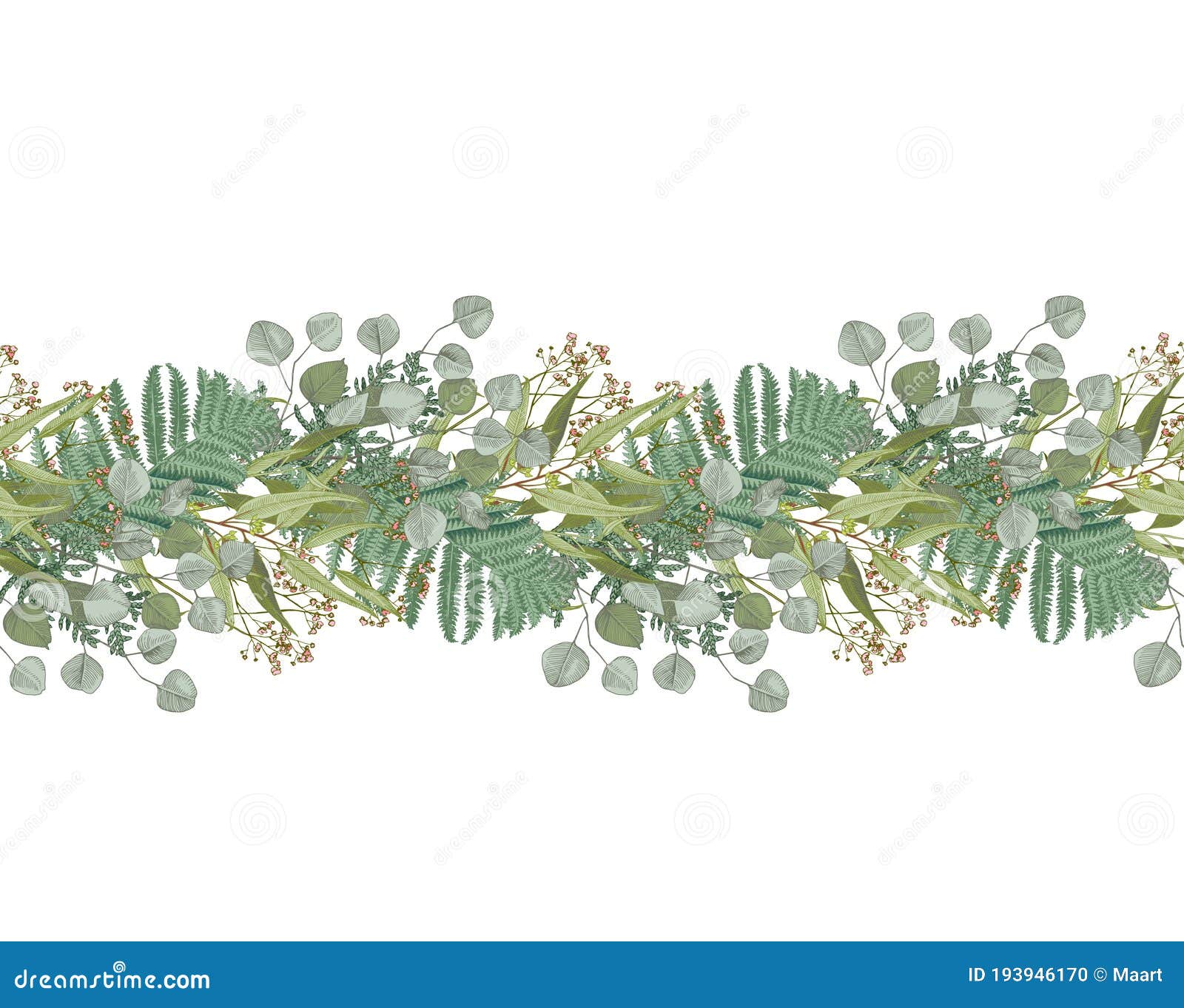 Seamless Border with Hand Drawn Trendy Greenery Stock Vector ...