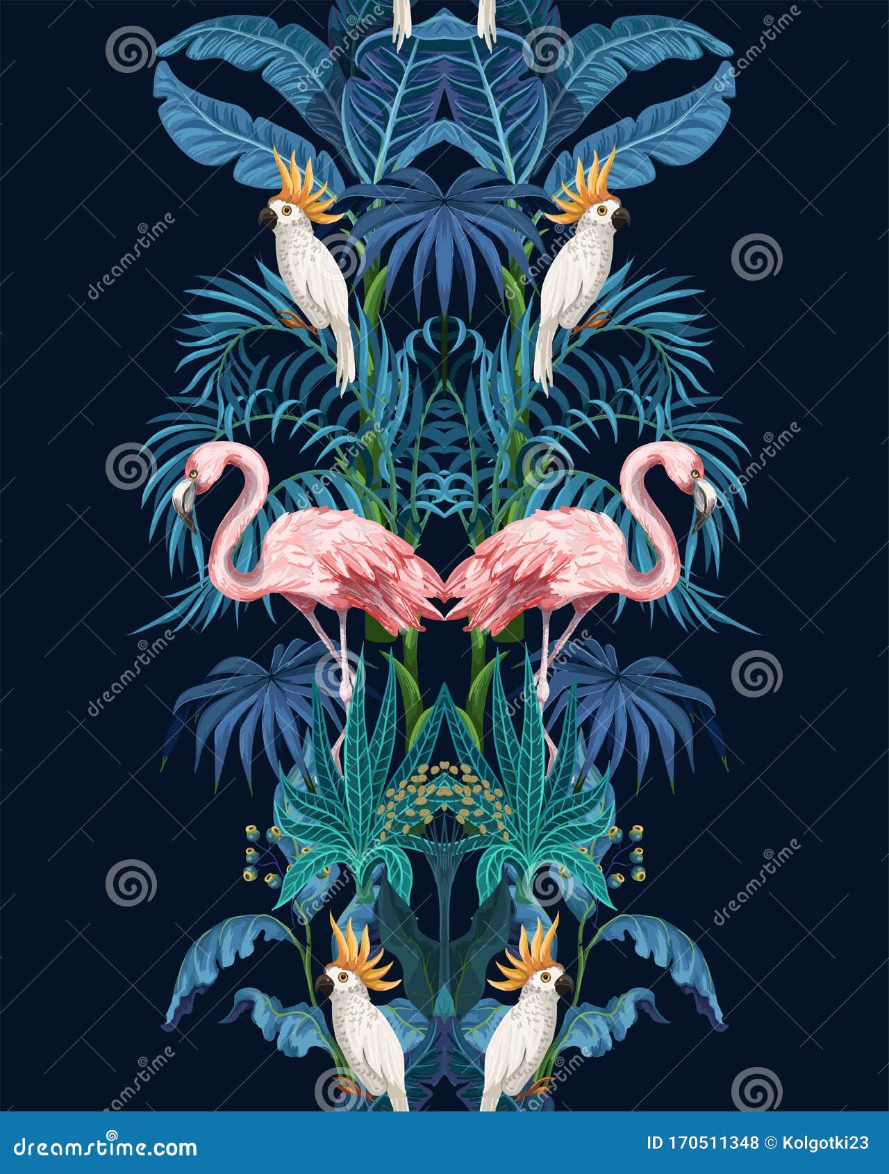 Seamless Border with Jungle Trees, Flamingo and Parrots. Vector. Stock ...