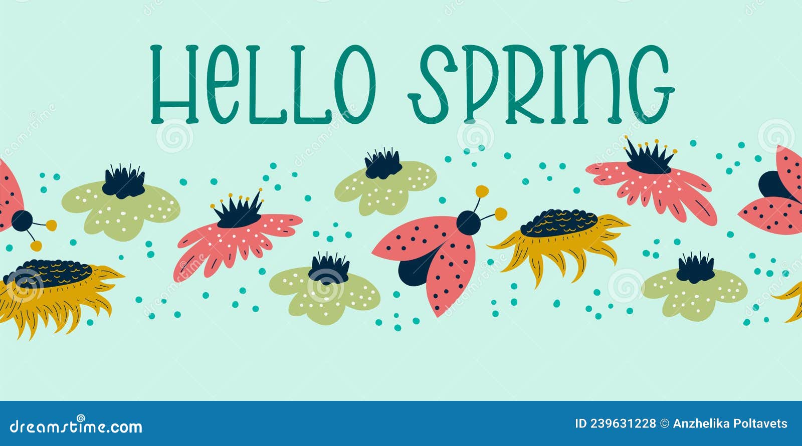 Seamless Border with Ladybug, Sunflowers. Spring Pattern with Insects ...