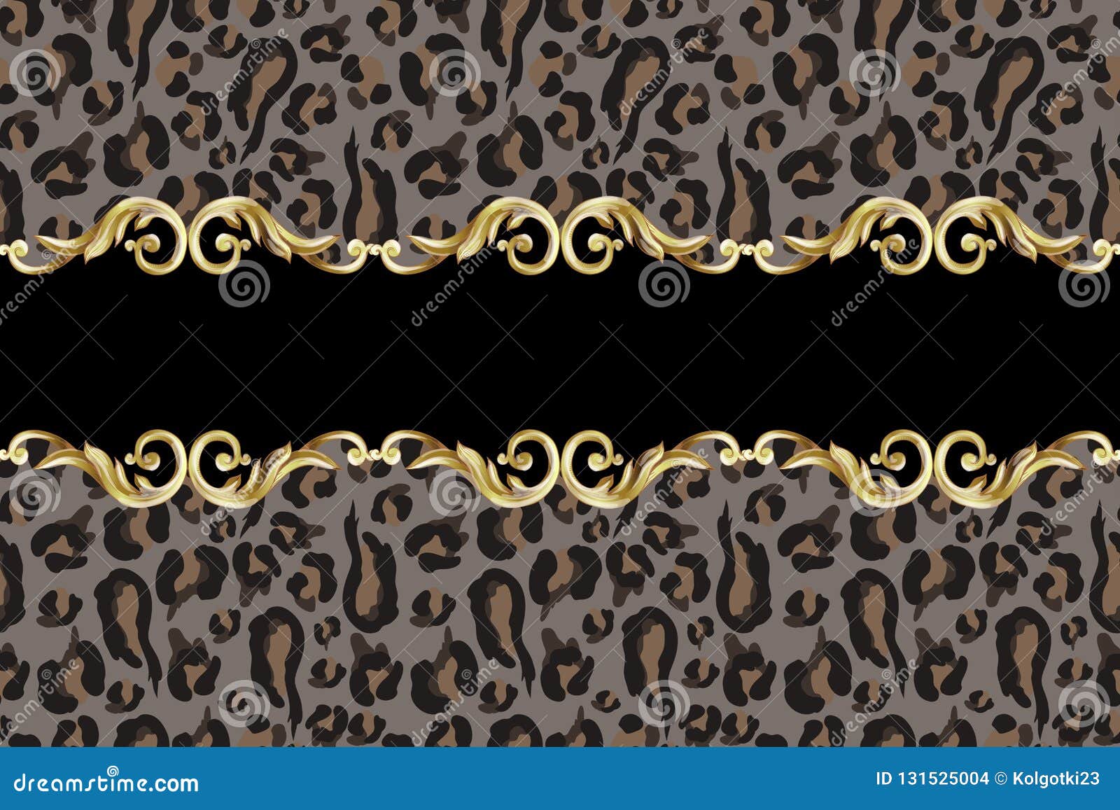 Seamless Border with Leopard Skin and Golden Baroque Elements. Vector ...
