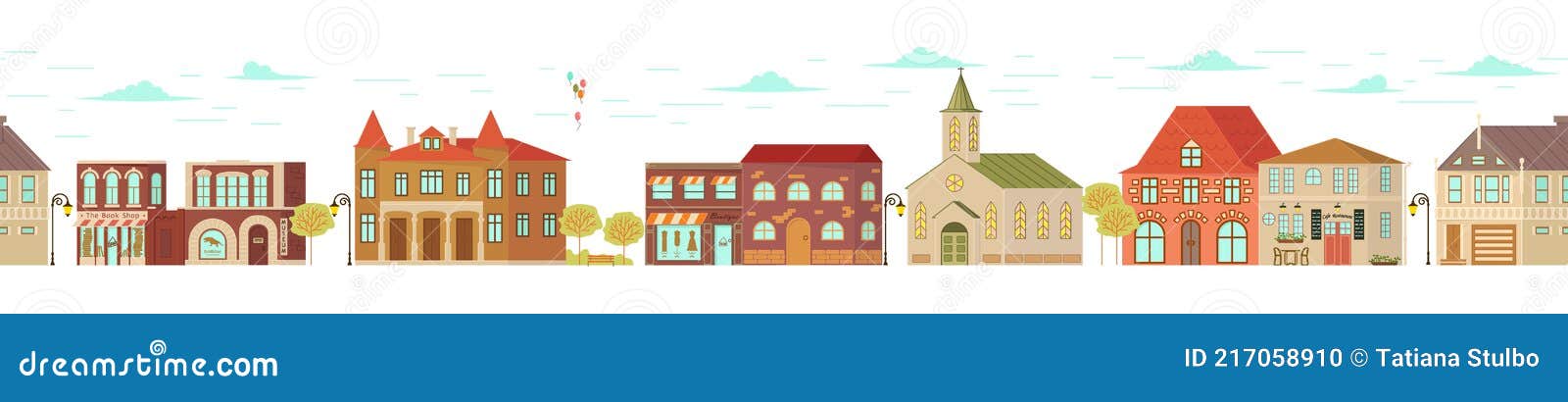 Seamless Border with Panorama Cute Town on White Stock Vector ...