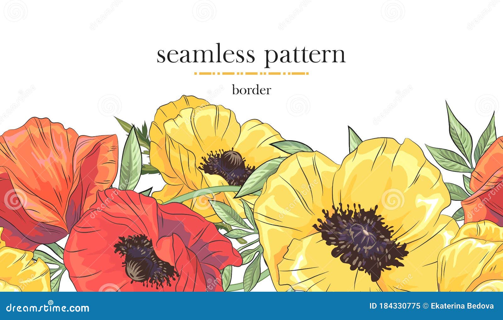 Seamless Border Pattern with Colorful Poppy. Seamless Stripe with Hand ...