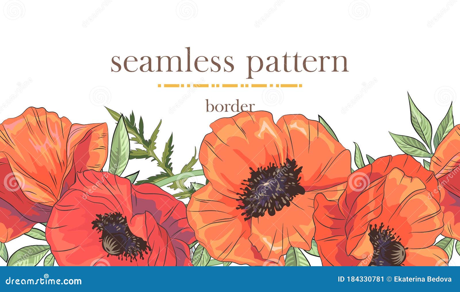 Seamless Border Pattern with Colorful Poppy. Seamless Stripe with Hand ...