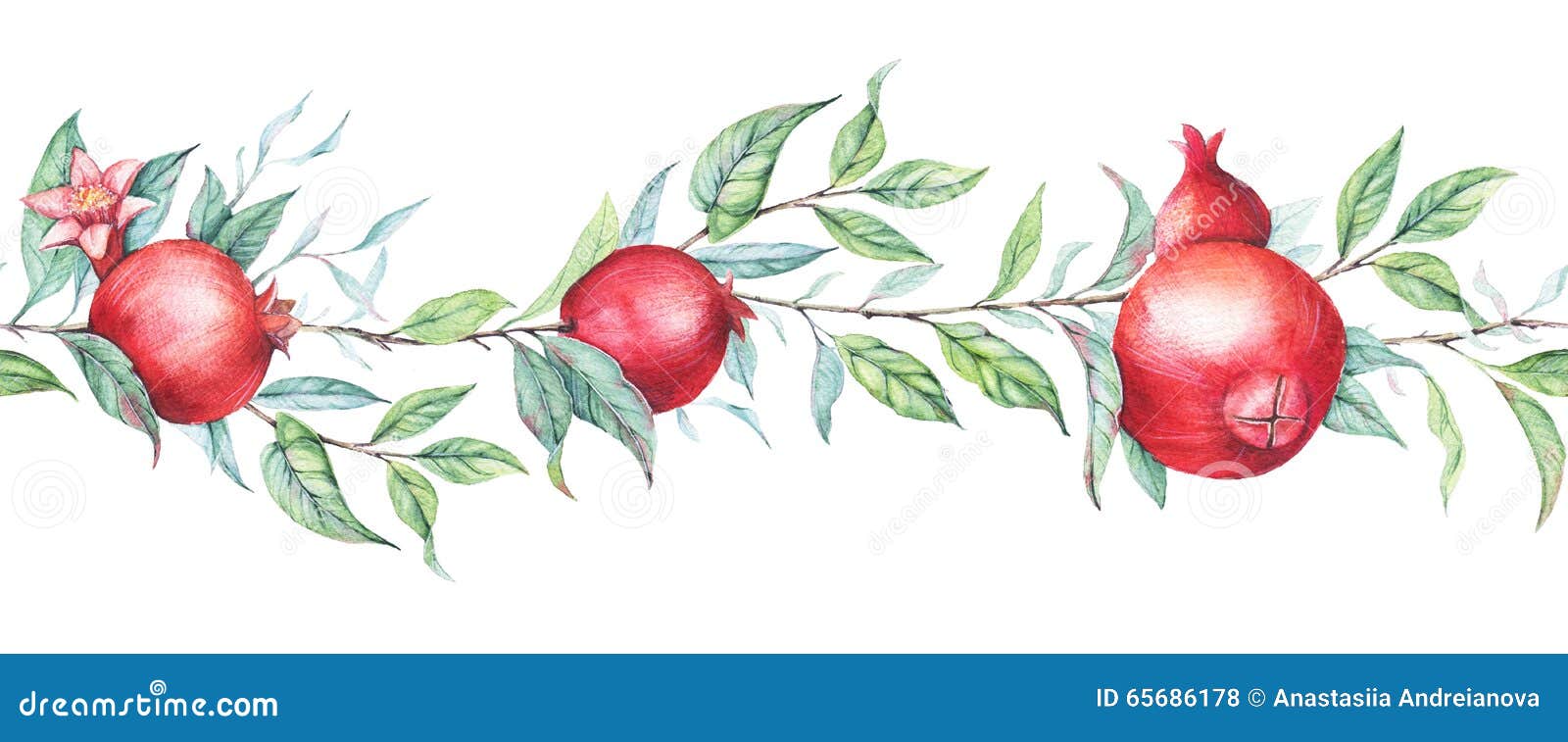 Seamless Border Pattern with Watercolor Pomegranates (garnets) Stock ...