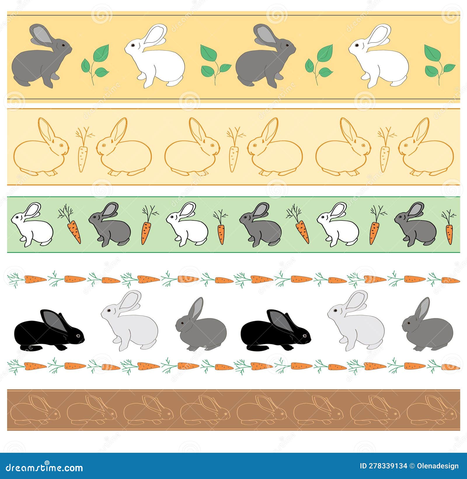 Seamless Borders with Rabbits and Carrots - Vector Set of Color Frames ...
