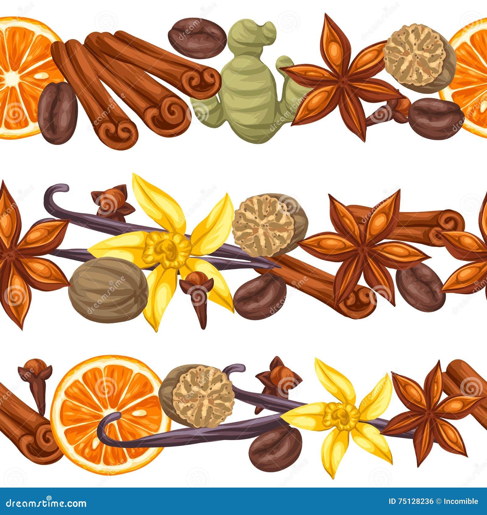 Seamless Borders with Various Spices. Illustration of Anise, Cloves ...