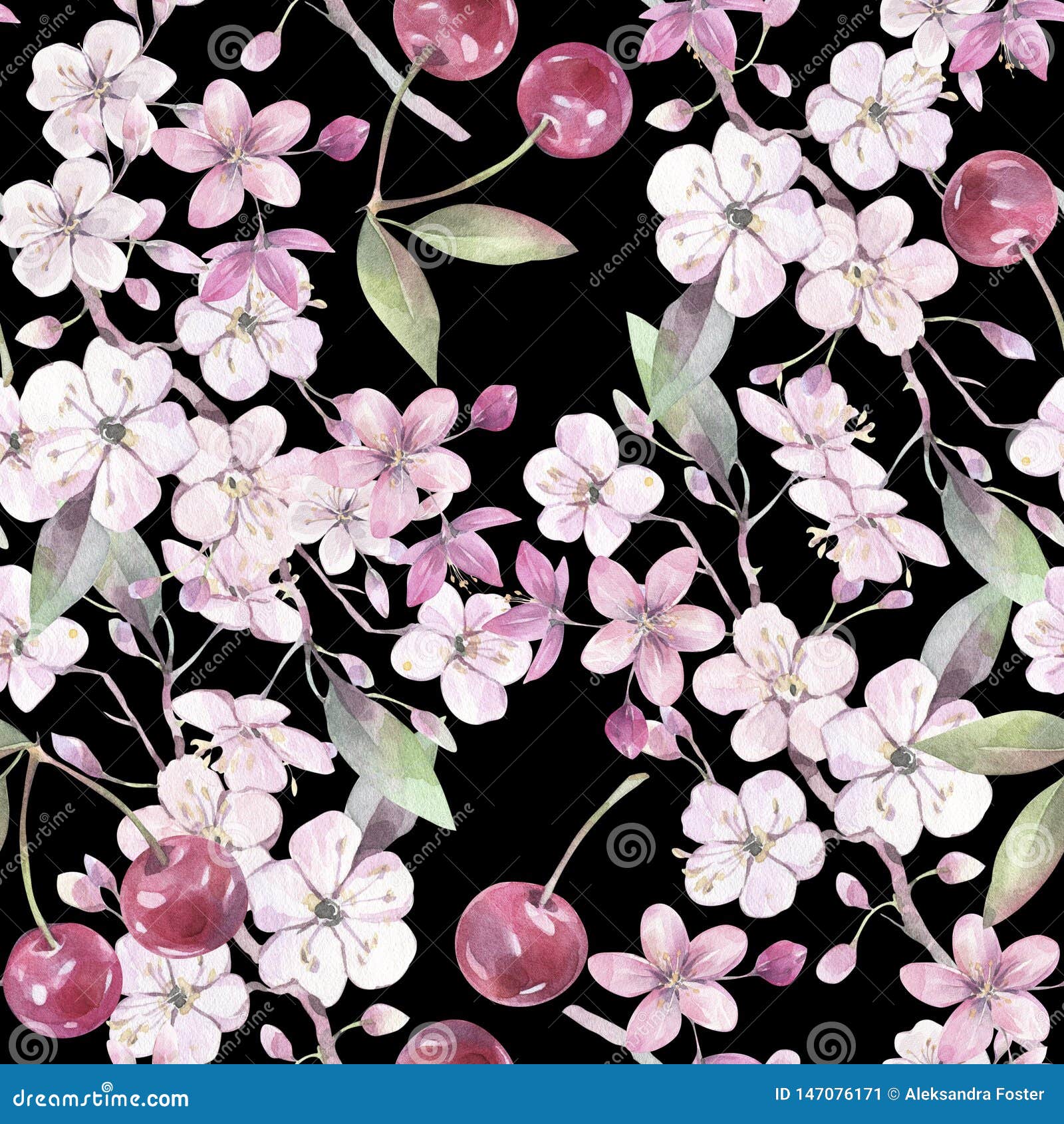 Seamless Botanical Pattern with Cherry Elements. Stock Illustration ...