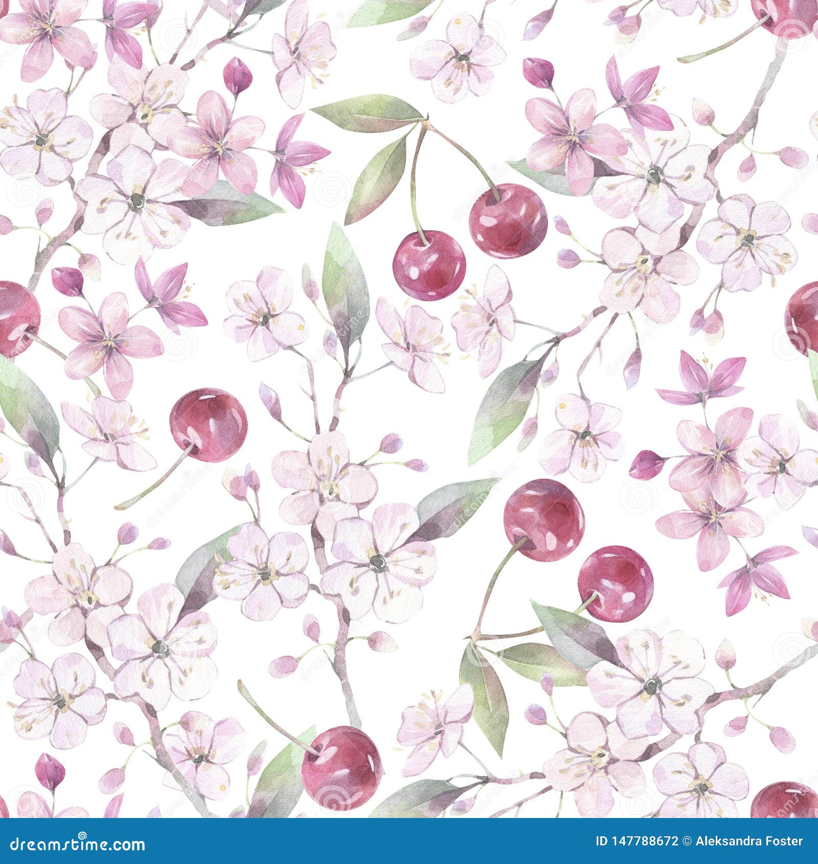 Seamless Botanical Pattern with Cherry Elements. Stock Illustration ...