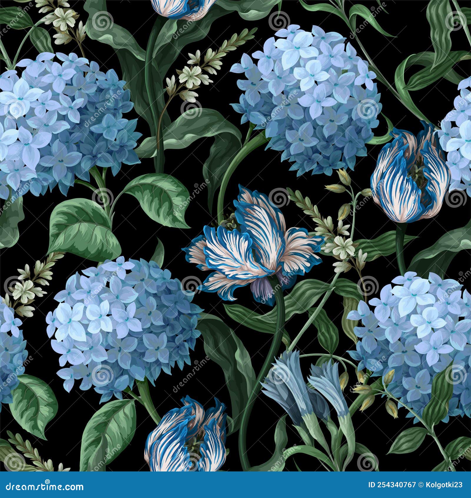 Seamless Botanical Pattern with Hydrangeas and Other Flowers. Vector Stock Vector - Illustration ...