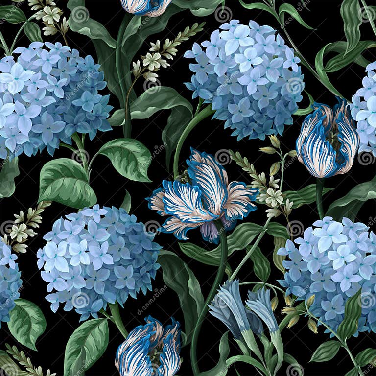 Seamless Botanical Pattern with Hydrangeas and Other Flowers. Vector Stock Vector - Illustration ...